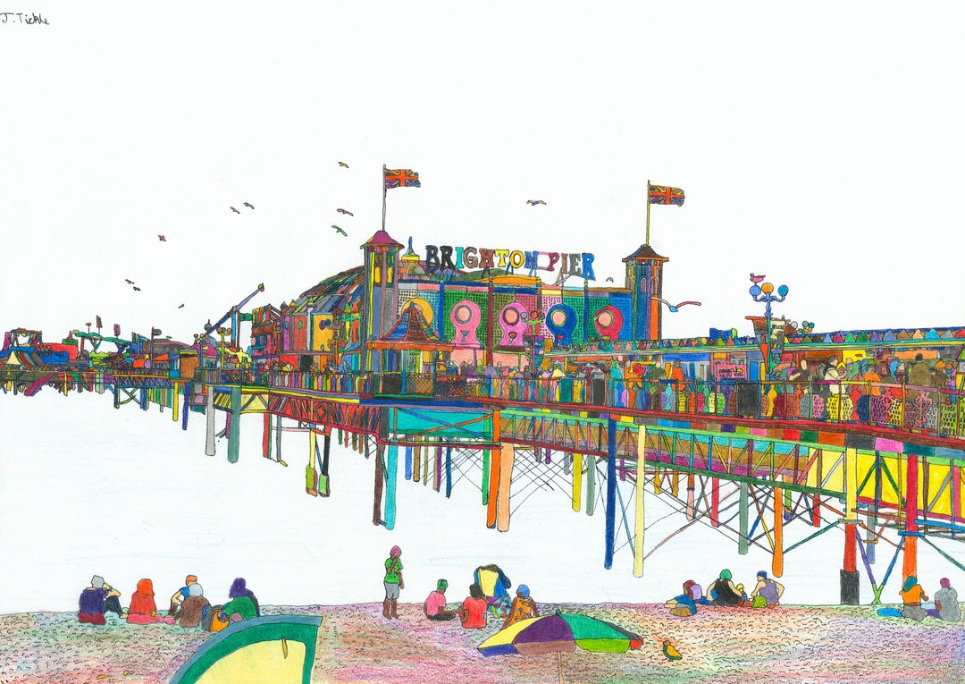Brighton Pier. Multicoloured Pencil Drawing. High Quality Print - Etsy ...
