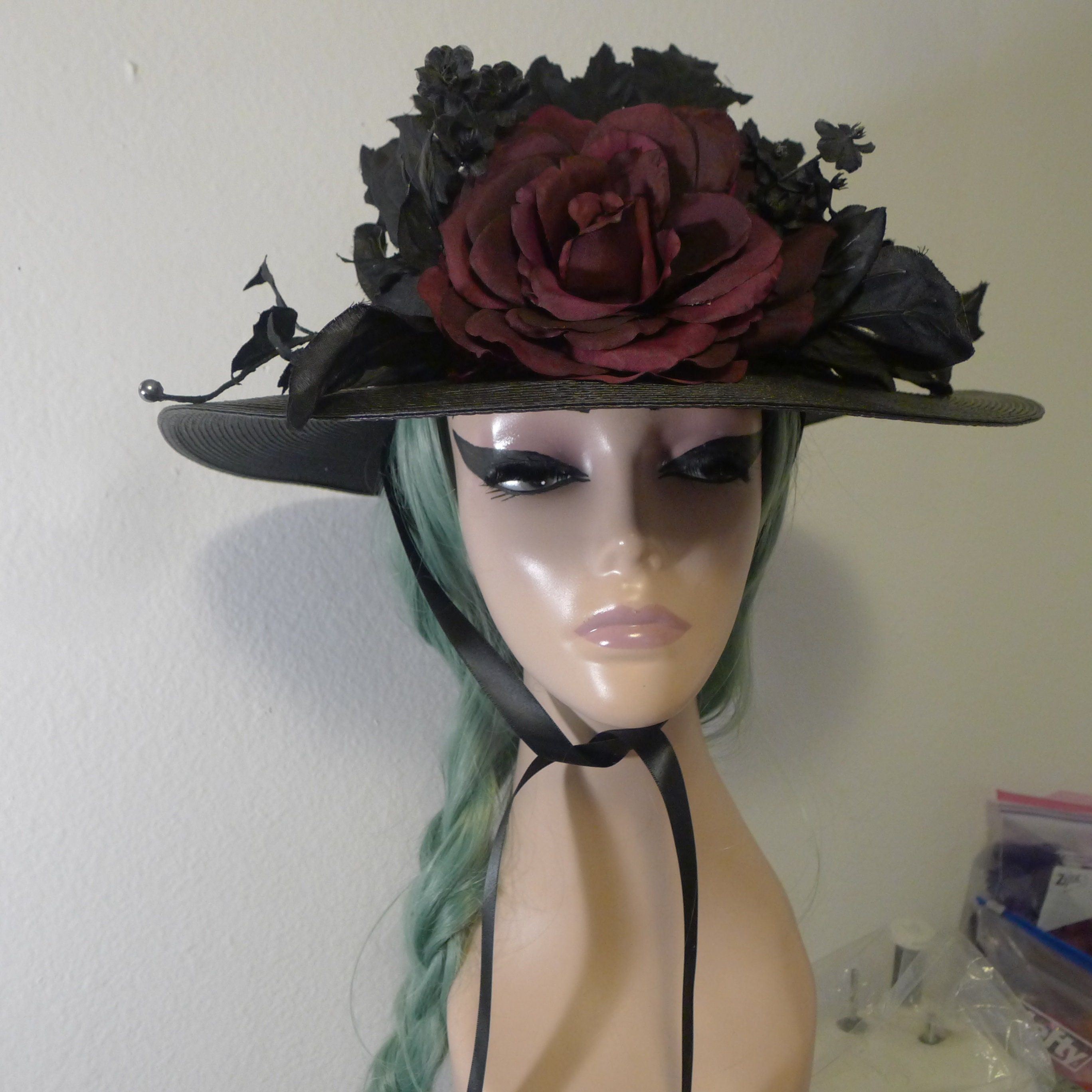 Black Straw Hat Large Sun Hat Gothic Hat w Dark Flowers | Etsy