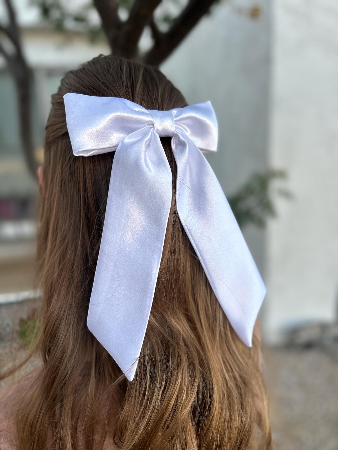 White Satin Hair Bow, Long Tail Hair Ribbon, Bridal Satin Bow, White ...