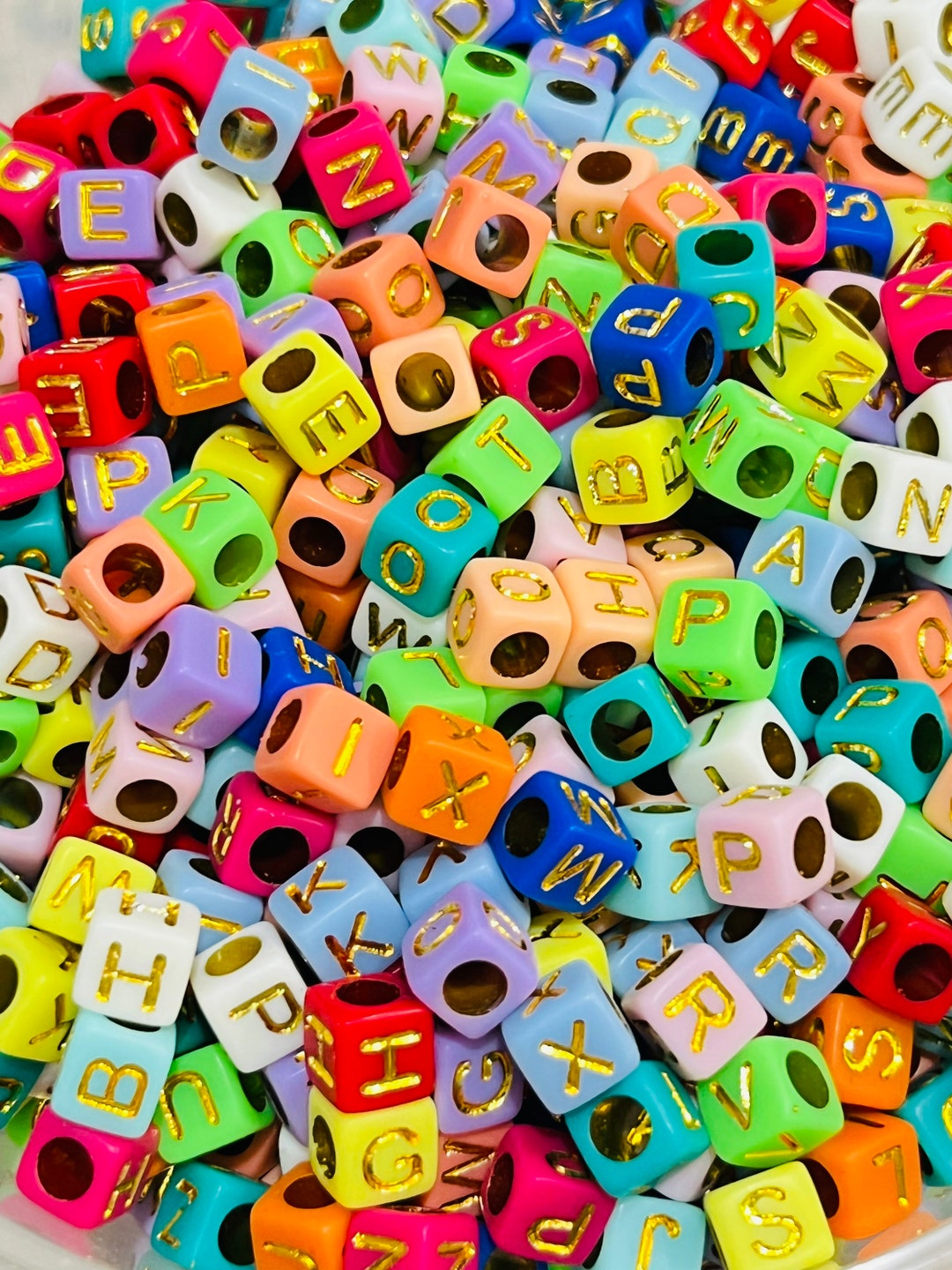 6mm Cube Alphabet Beads, Rainbow Alphabet Beads, Gold Letter Beads ...