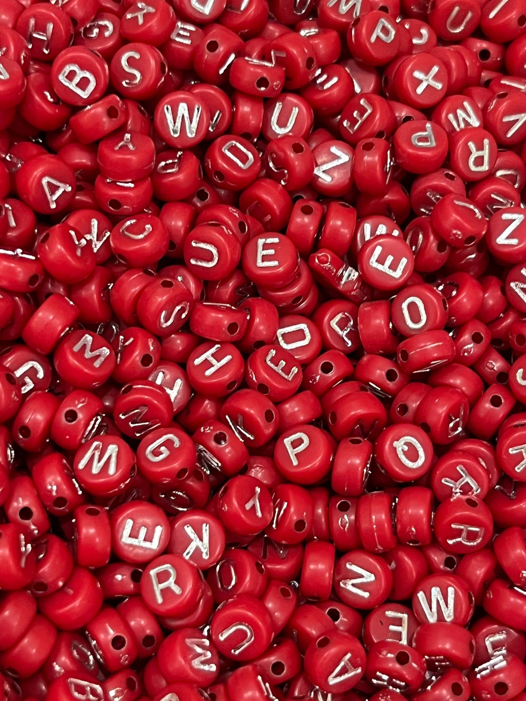 7mm Acrylic Alphabet Beads, Red With Silver Letters, Letter Beads, Word ...