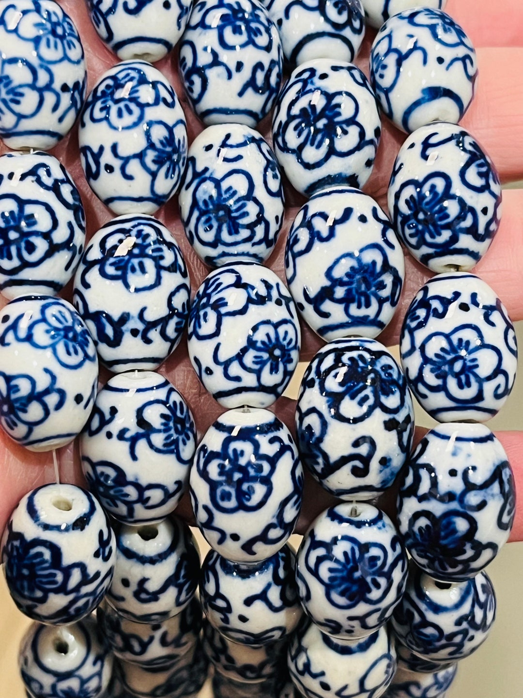 Floral Blue Glass Beads Focal Oval Beads Porcelain Beads Blue And