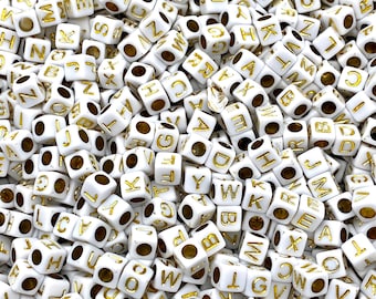 White Cube Letter Beads 6mm, White and Gold Alphabet Beads, Cube Number ...
