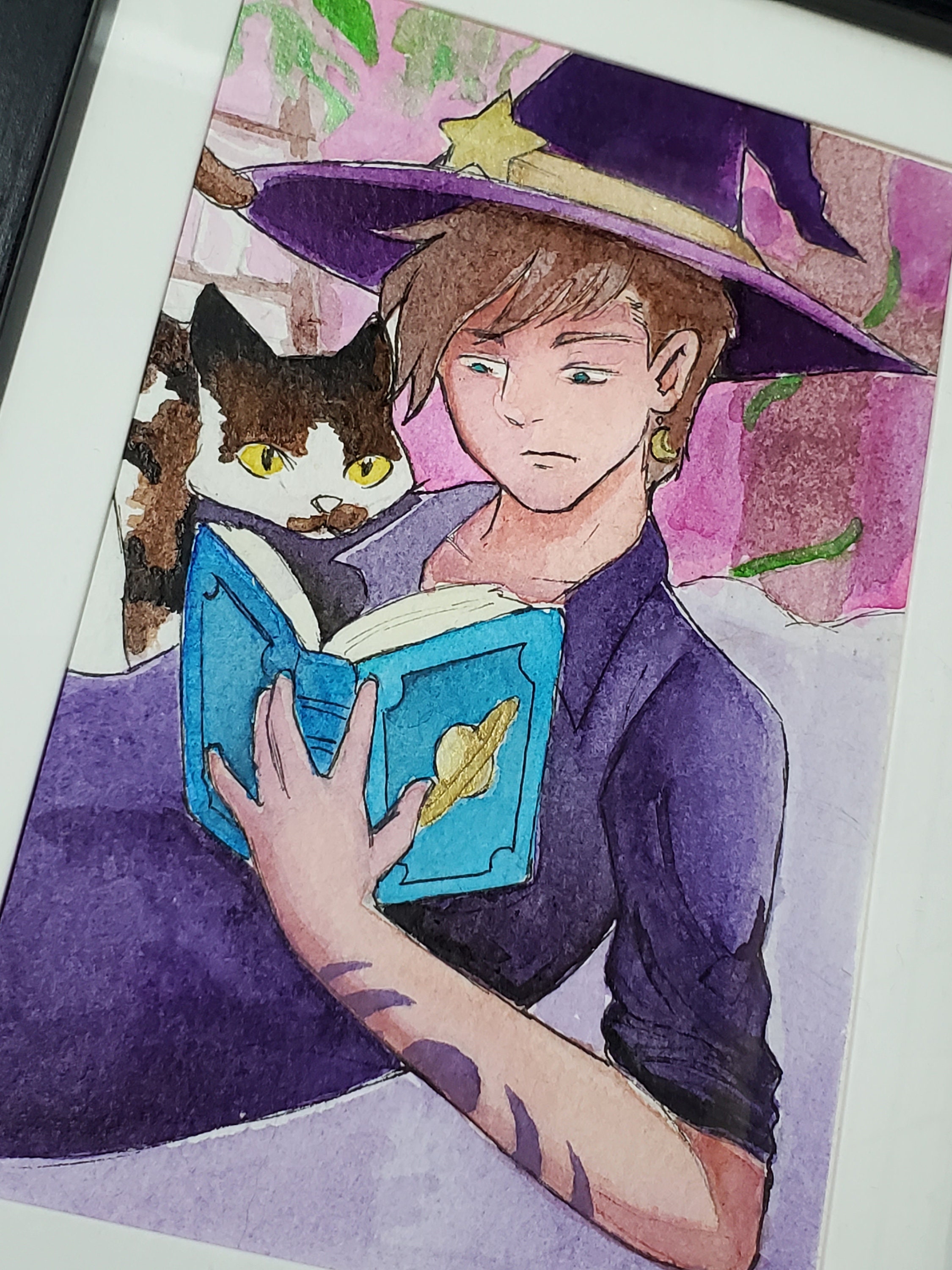 Witch Boy Reading Spellbook With Calico Cat PRINT - Etsy