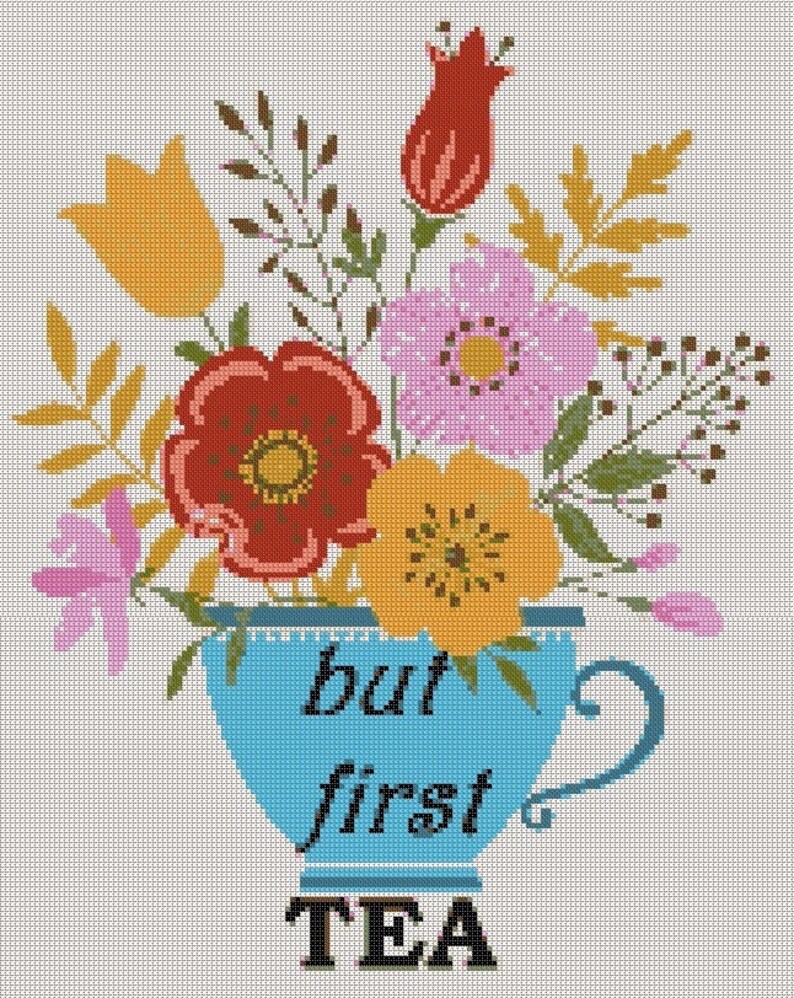 Floral Cross Stitch, Floral Cross Stitch Pattern Tea Time Cross Stitch Pattern, IINSTANT ...