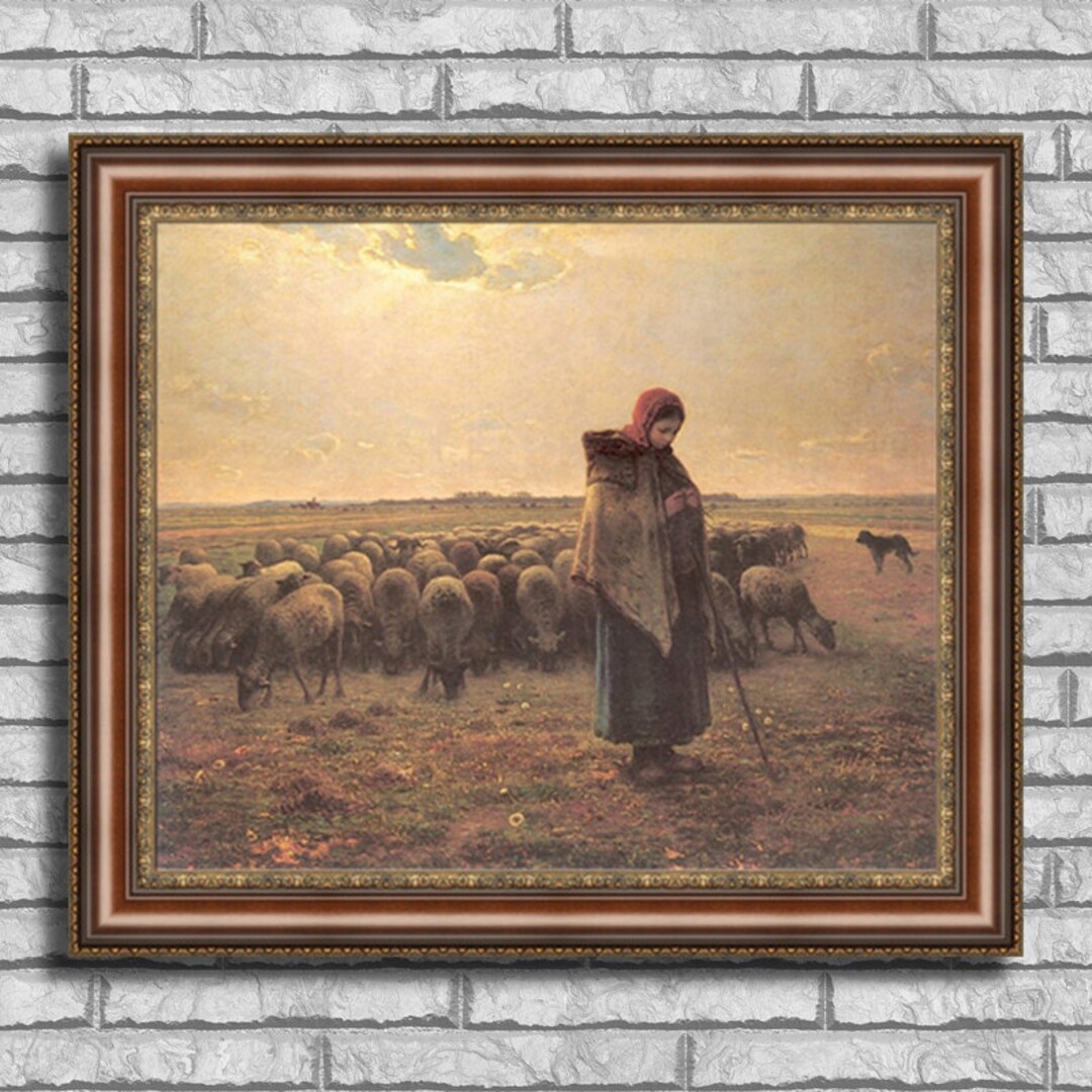 Millet Shepherdess Giclee Canvas Print: Brown Frame With Gold - Etsy