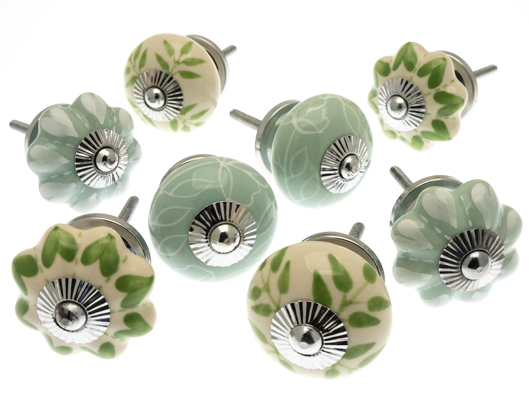 Ceramic Cupboard Door Knobs Hand Painted Pale Greens, White and Ivory ...