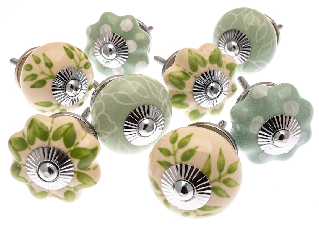 Ceramic Cupboard Door Knobs Hand Painted Pale Greens, White and Ivory ...