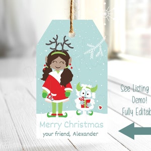 EDITABLE Girl Elf Personalized Christmas Tags Holiday Gift Tag School ...