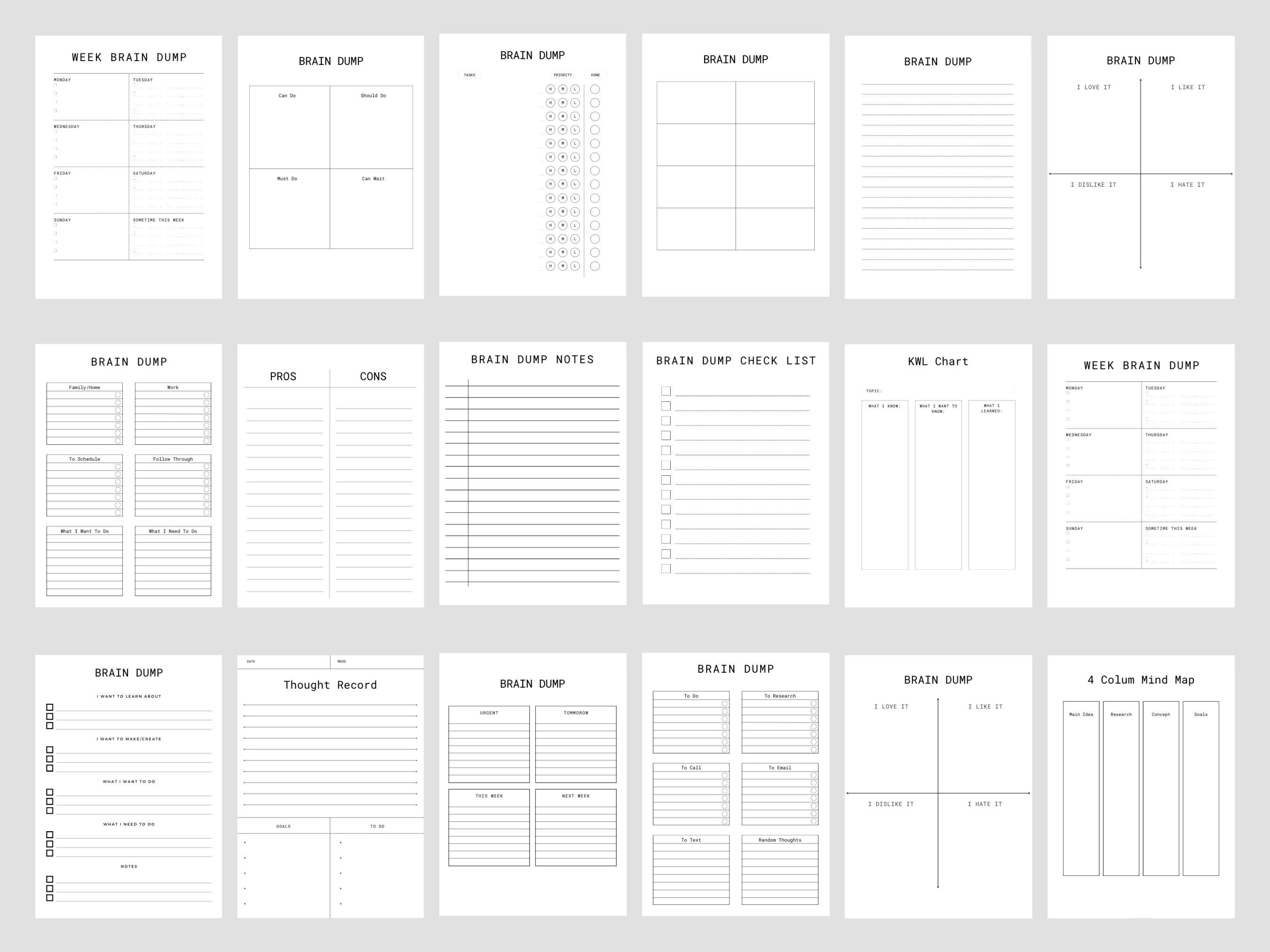 Brain Dump ADHD Bundle, Mind Map, Brainstorm, Productivity, Thought ...