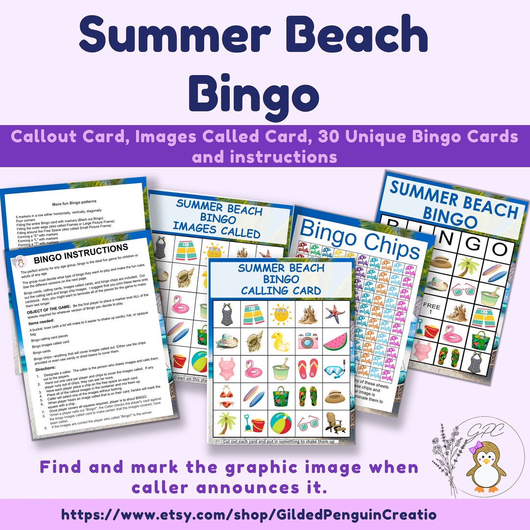 Summer Beach Bingo Printable 30 Unique 5X5 Bingo Cards, Calling Card ...