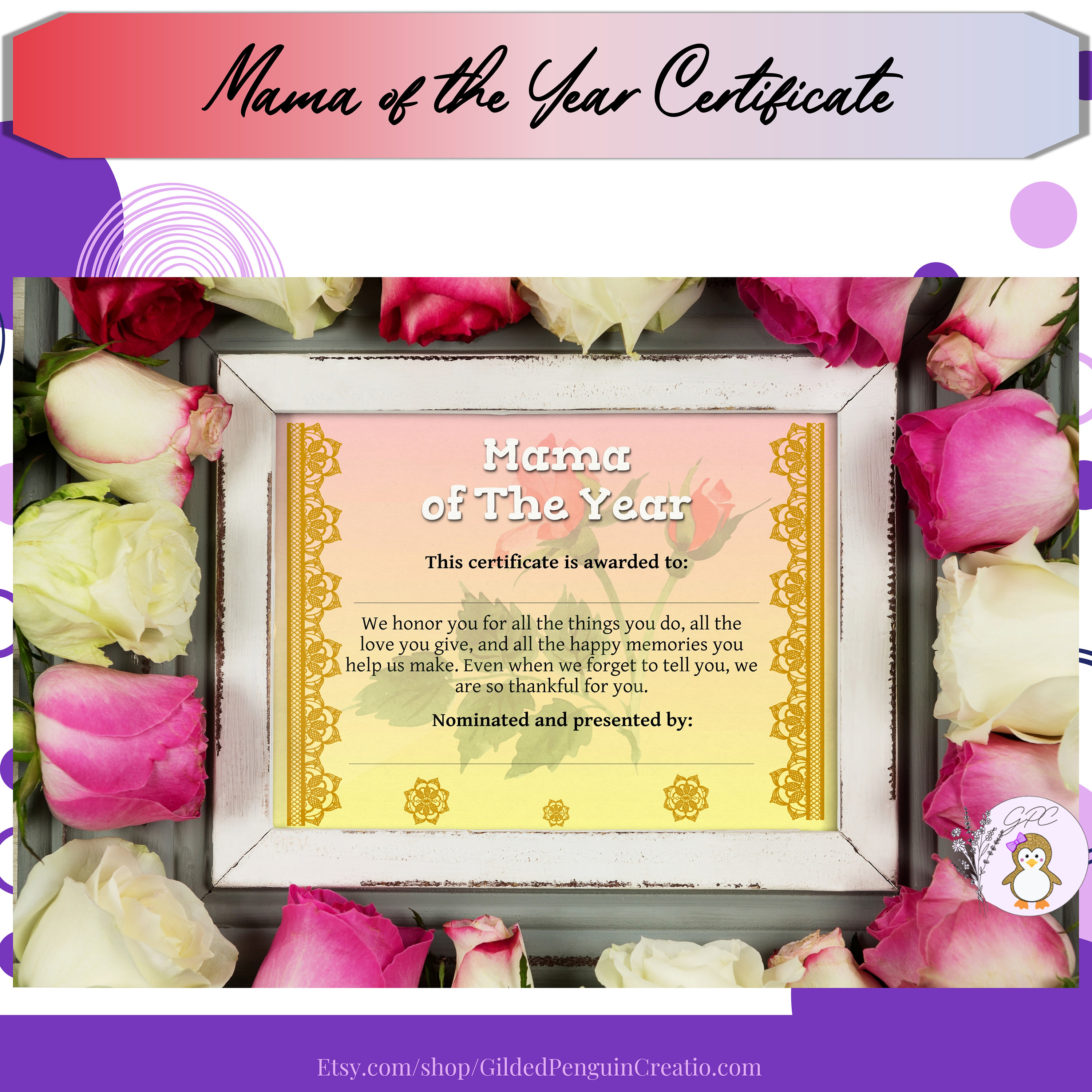 Mama of the Year Certificate Printable, Mother's Day Gift, Gift for ...