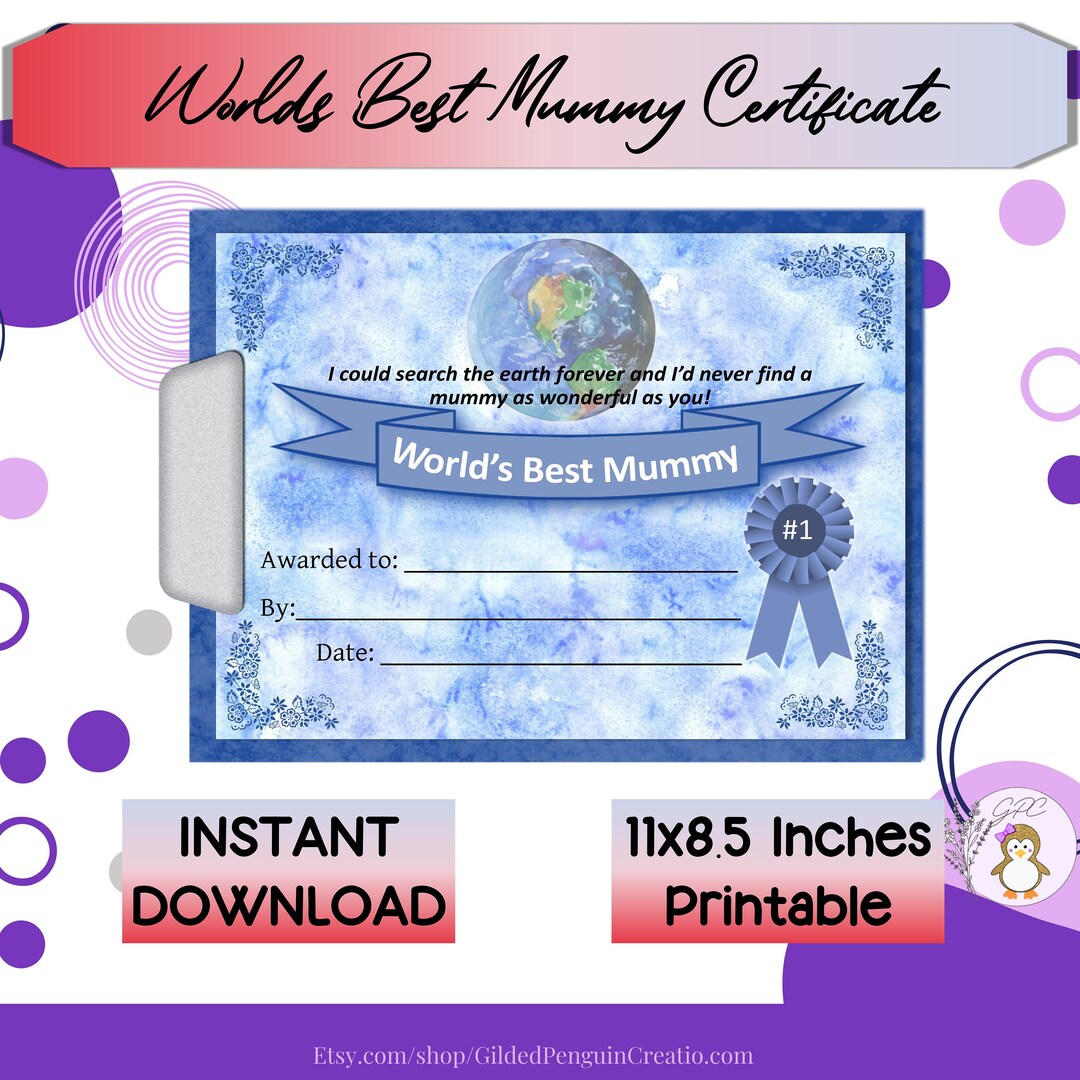 World's Best Mummy Certificate Printable, Mother's Day Gift, Gift for ...