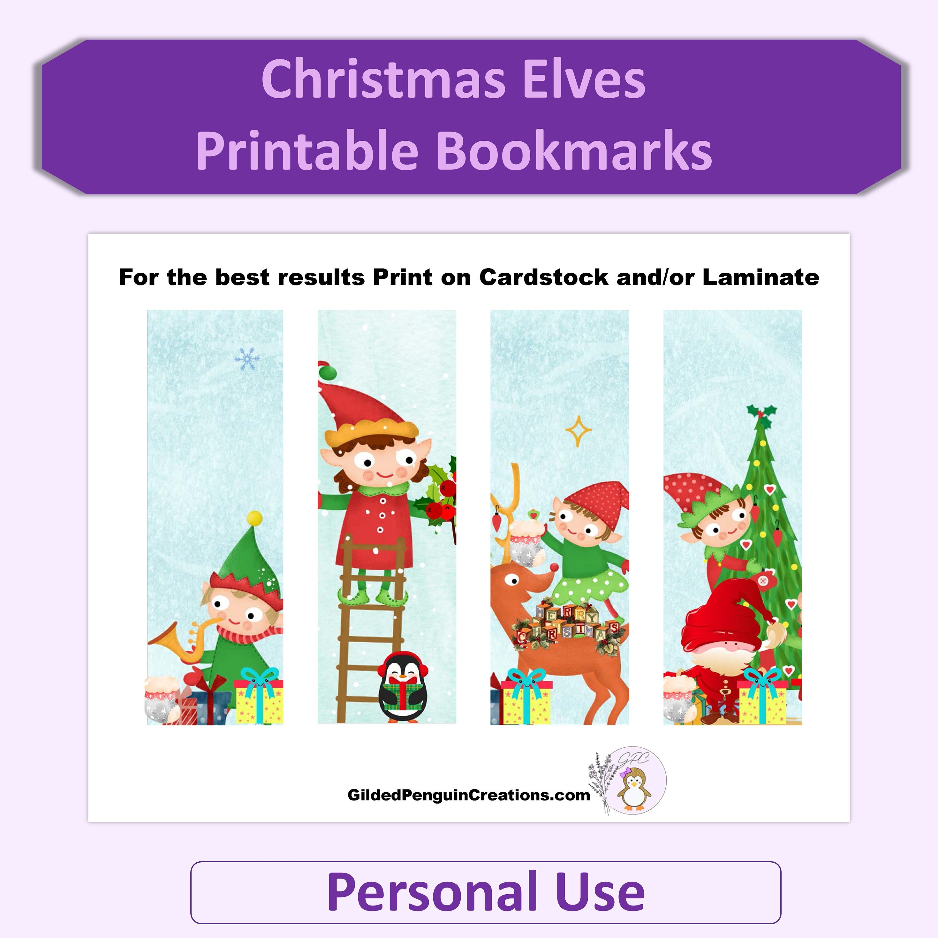 Christmas Elves Printable Bookmarks Set of 4 2x6 Santa With Gifts ...