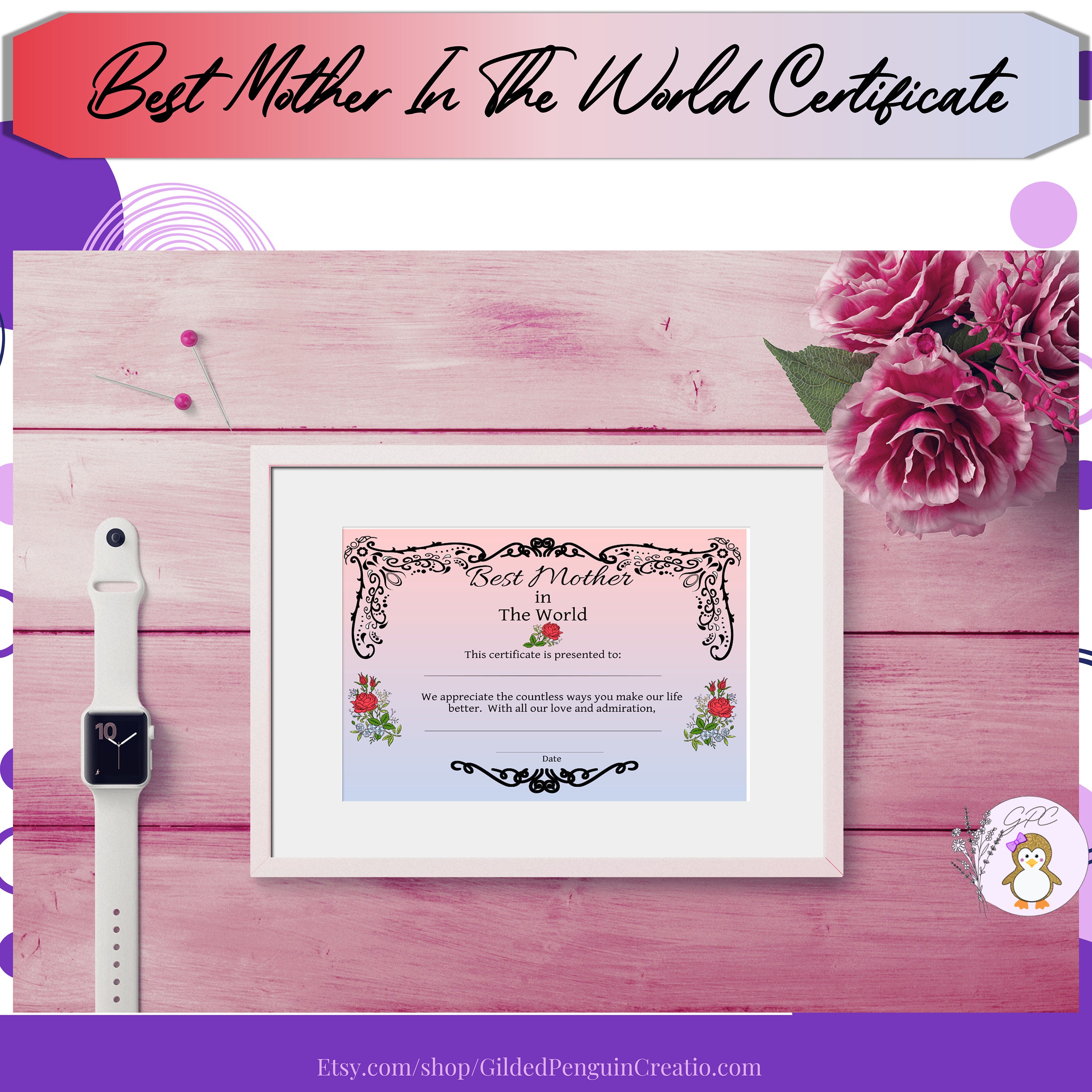 Best Mother in the World Certificate Printable, Mother's Day Gift, Gift ...