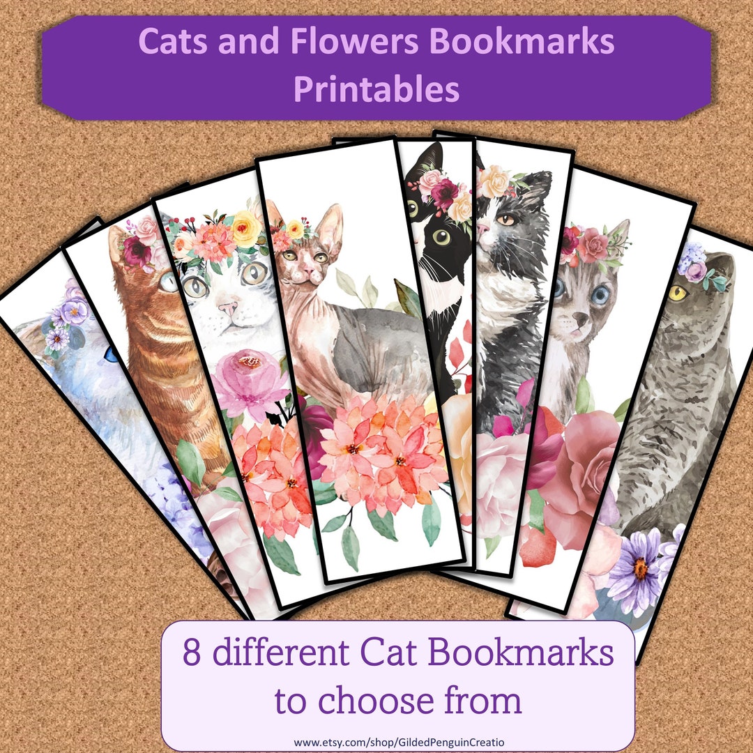 Cats and Flowers Bookmark Printables, Set of 8, 6x2 Petite Paperback ...