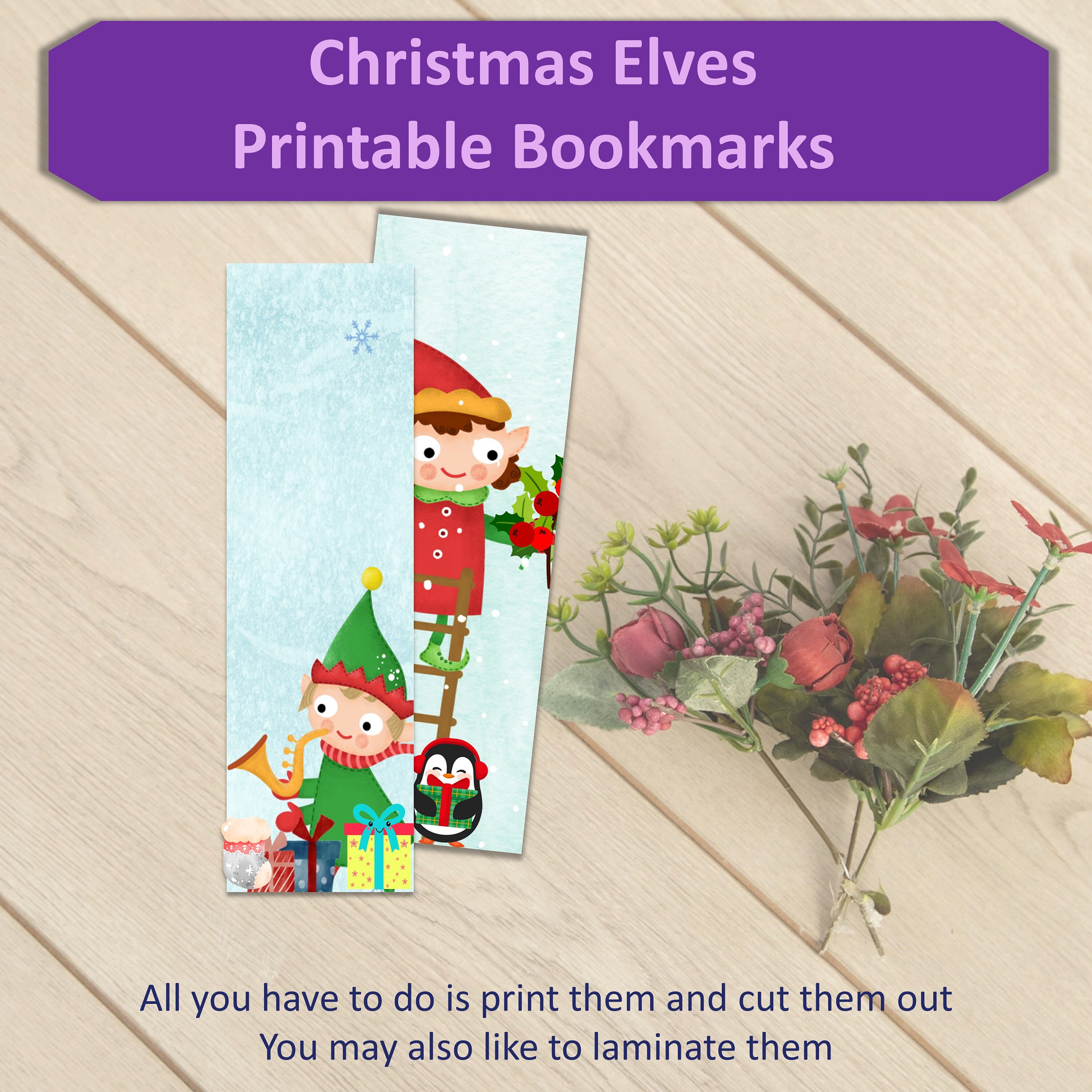Christmas Elves Printable Bookmarks Set of 4 2x6 Santa With Gifts ...