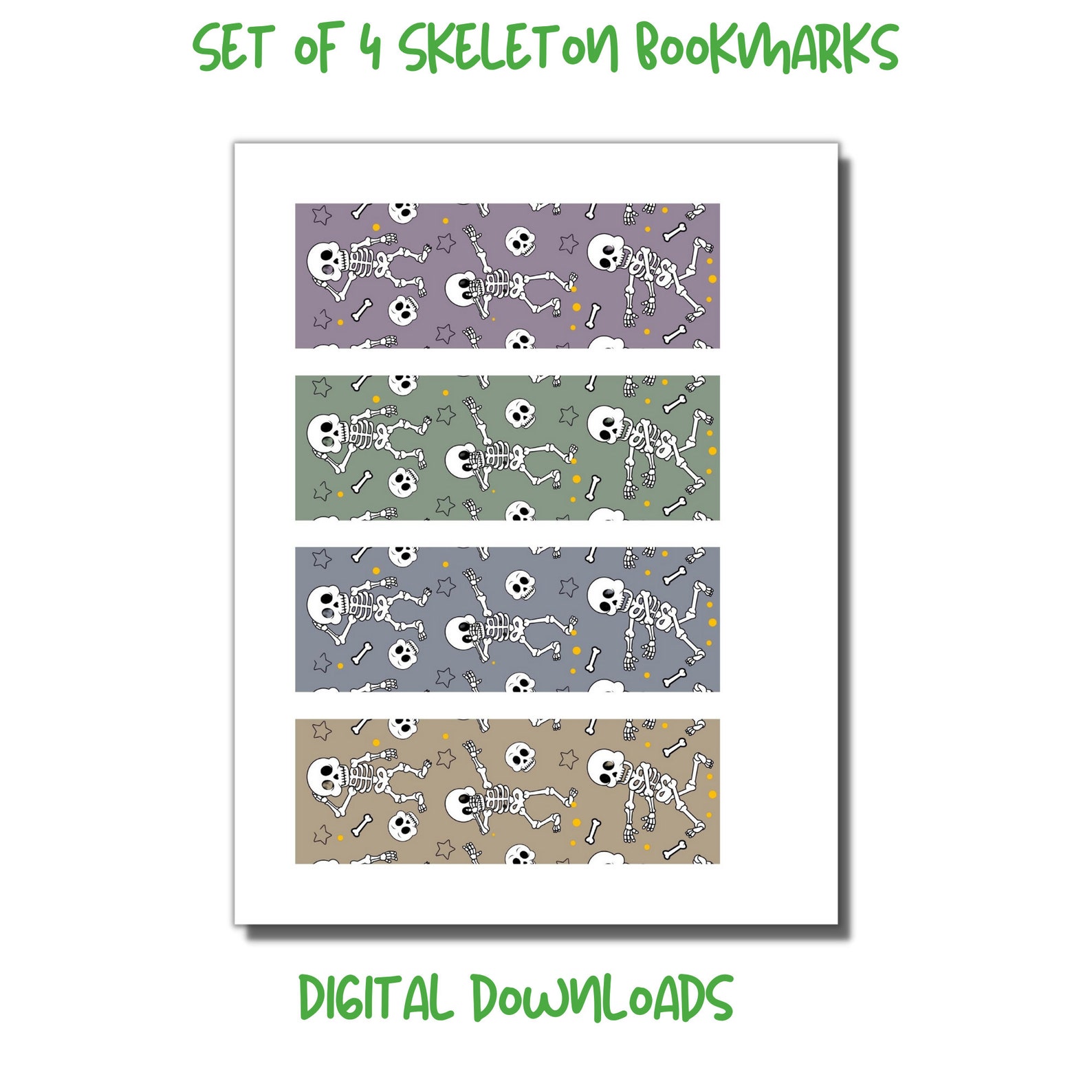 Set of 4 Skeleton Bookmarks, Halloween Bookmarks, Printable, Digital ...