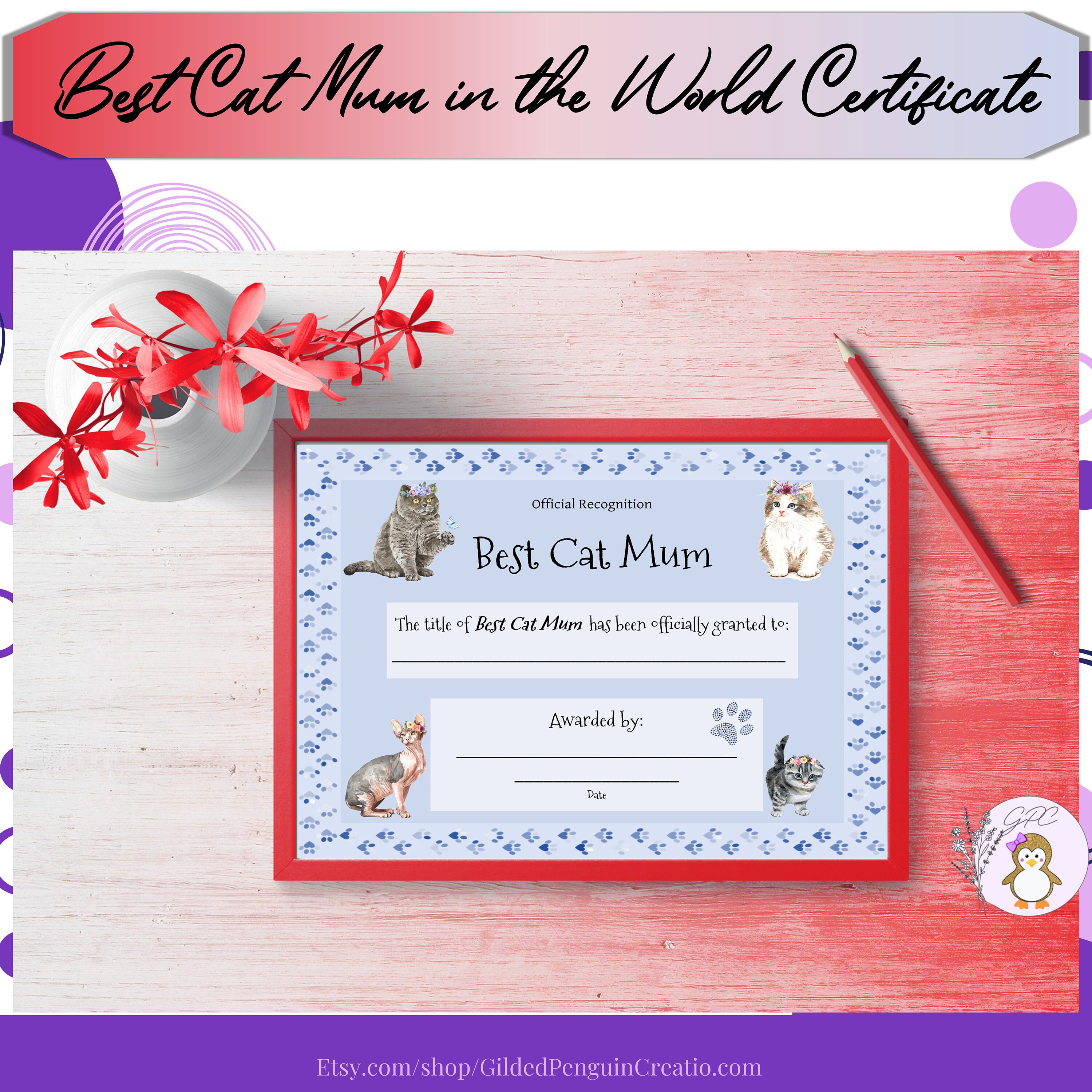 Best Cat Mum Certificate Printable, Mother's Day Gift, Gift for Mom ...