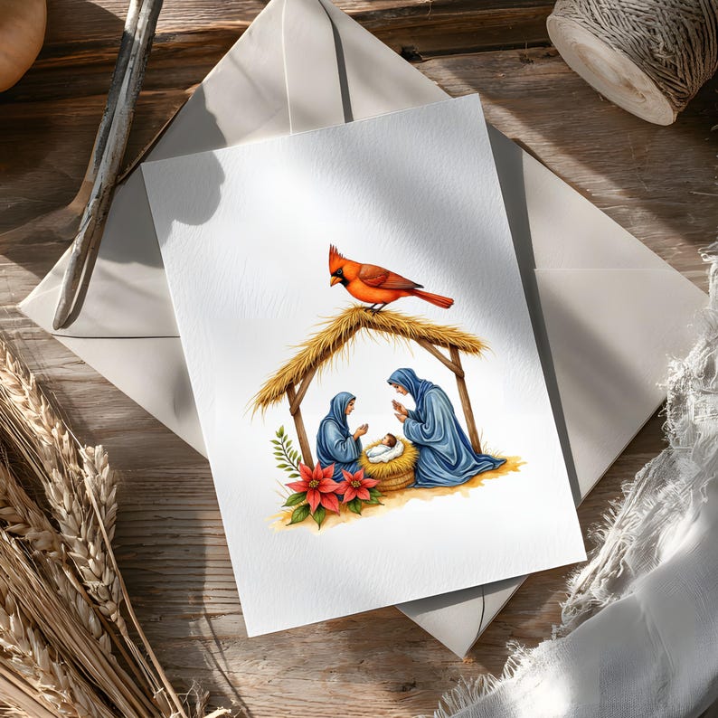 Christmas Nativity Cross Clipart Bundle, Cardinal Bird Watercolor ...