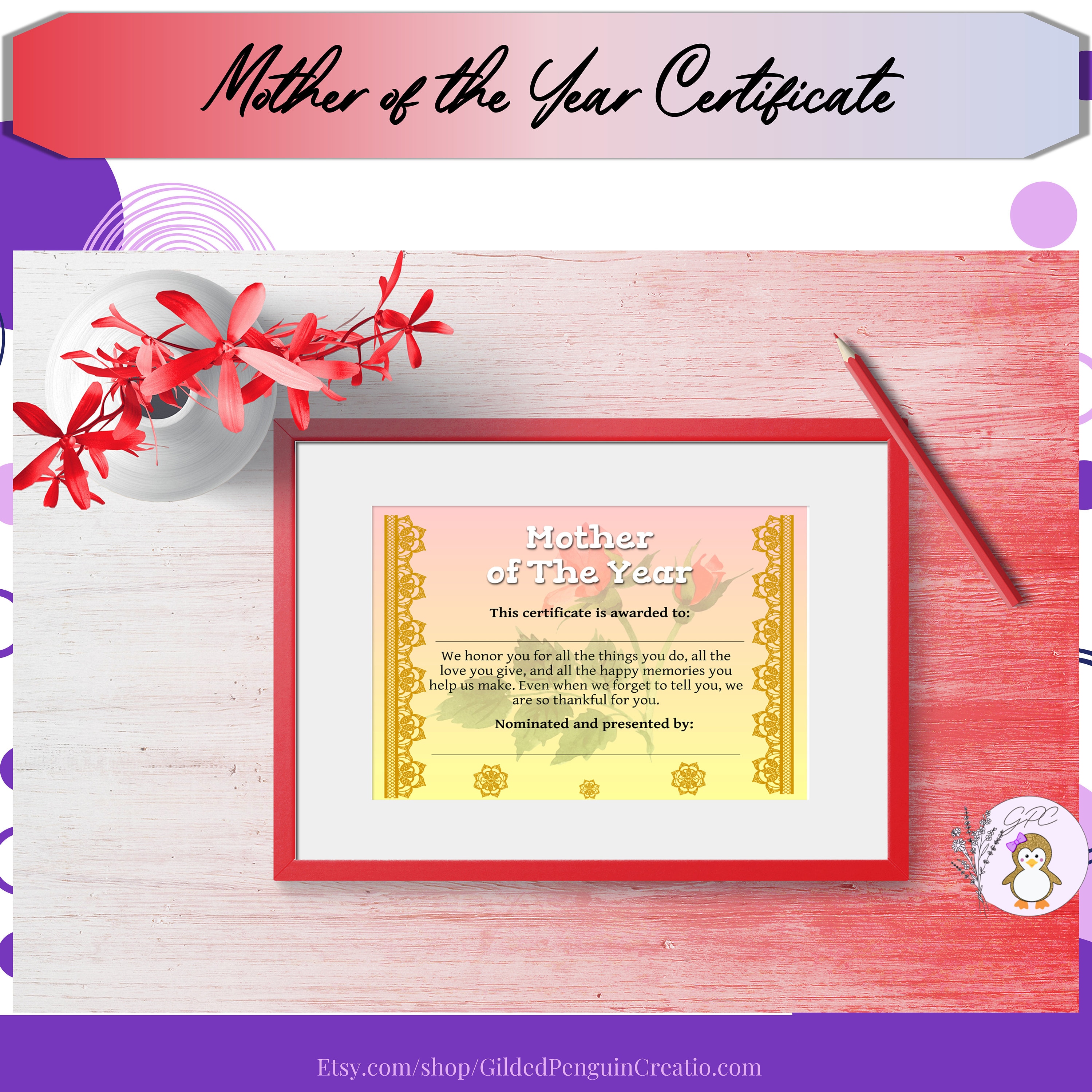 Mother of the Year Certificate Printable, Mother's Day Gift, Gift for ...
