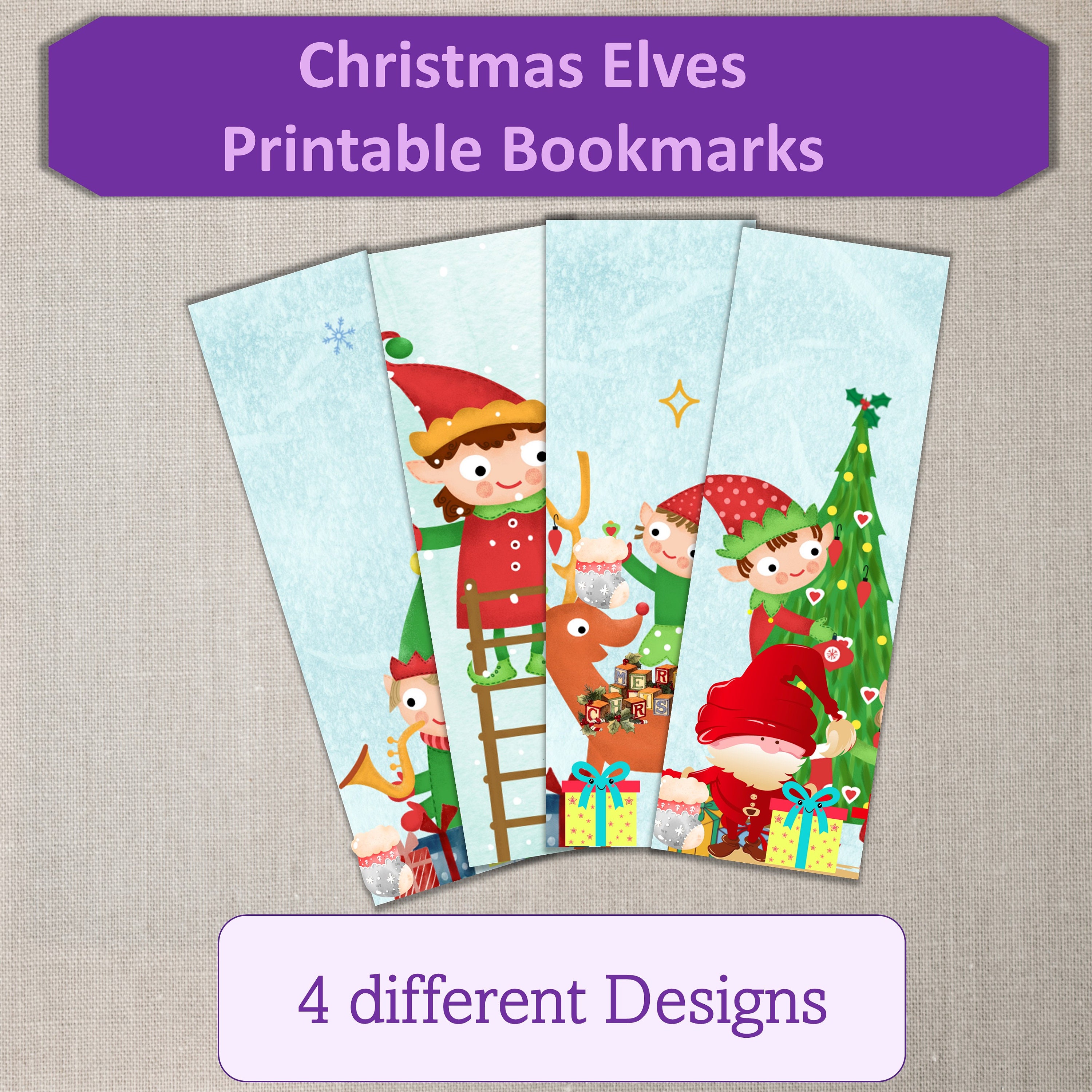Christmas Elves Printable Bookmarks Set of 4 2x6 Santa With Gifts ...