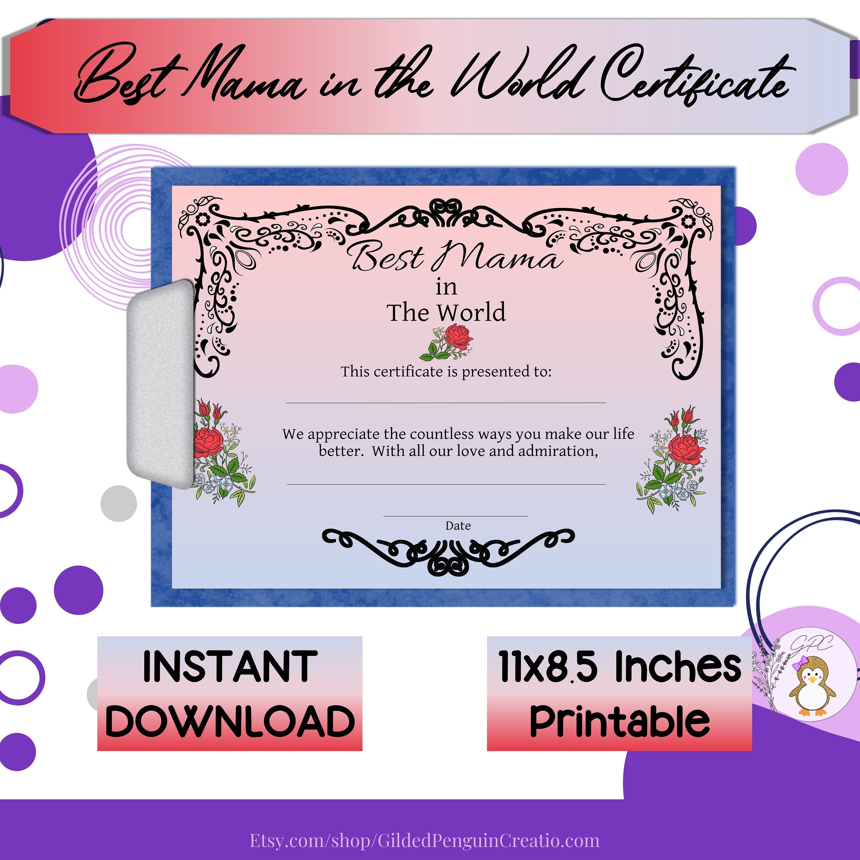 Best Mama in the World Certificate Printable, Mother's Day Gift, Gift ...
