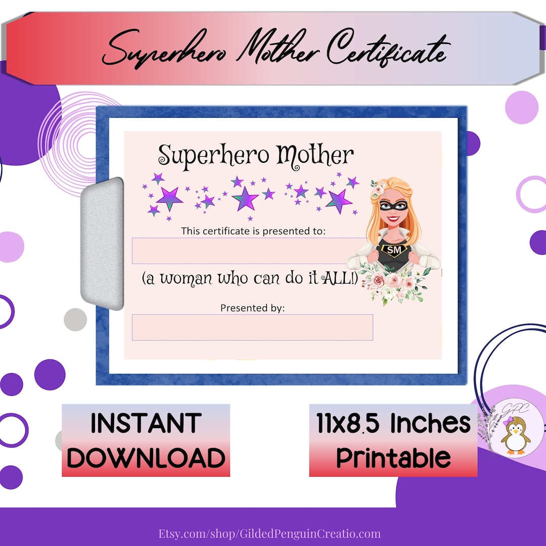Superhero Mother Certificate Printable, Mother's Day Gift, Gift for Mom ...