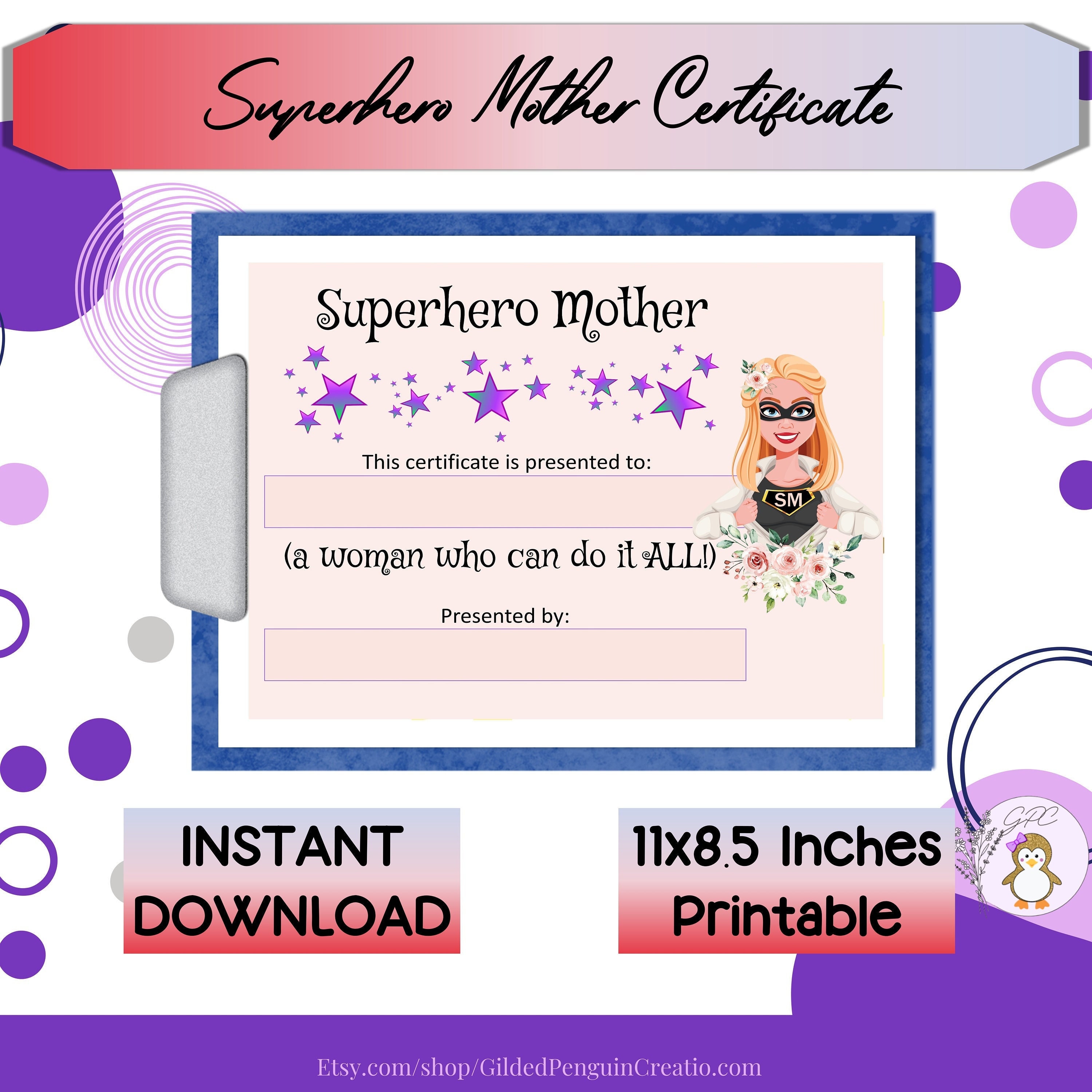 Superhero Mother Certificate: Printable Mom Award (digital Download) - Etsy