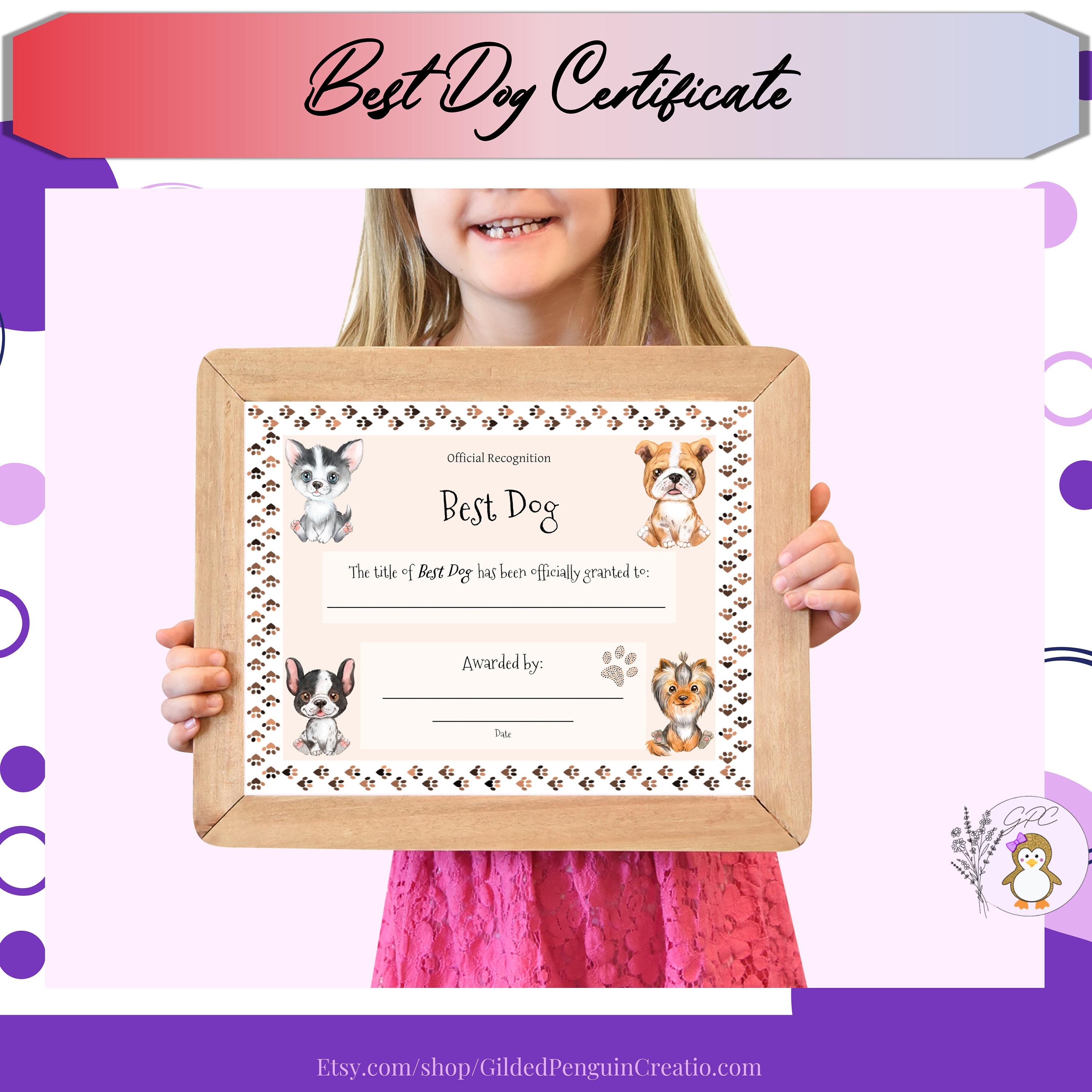 Best Dog Certificate 1 Printable, Dog Award, Great Gift for Dog Lover ...