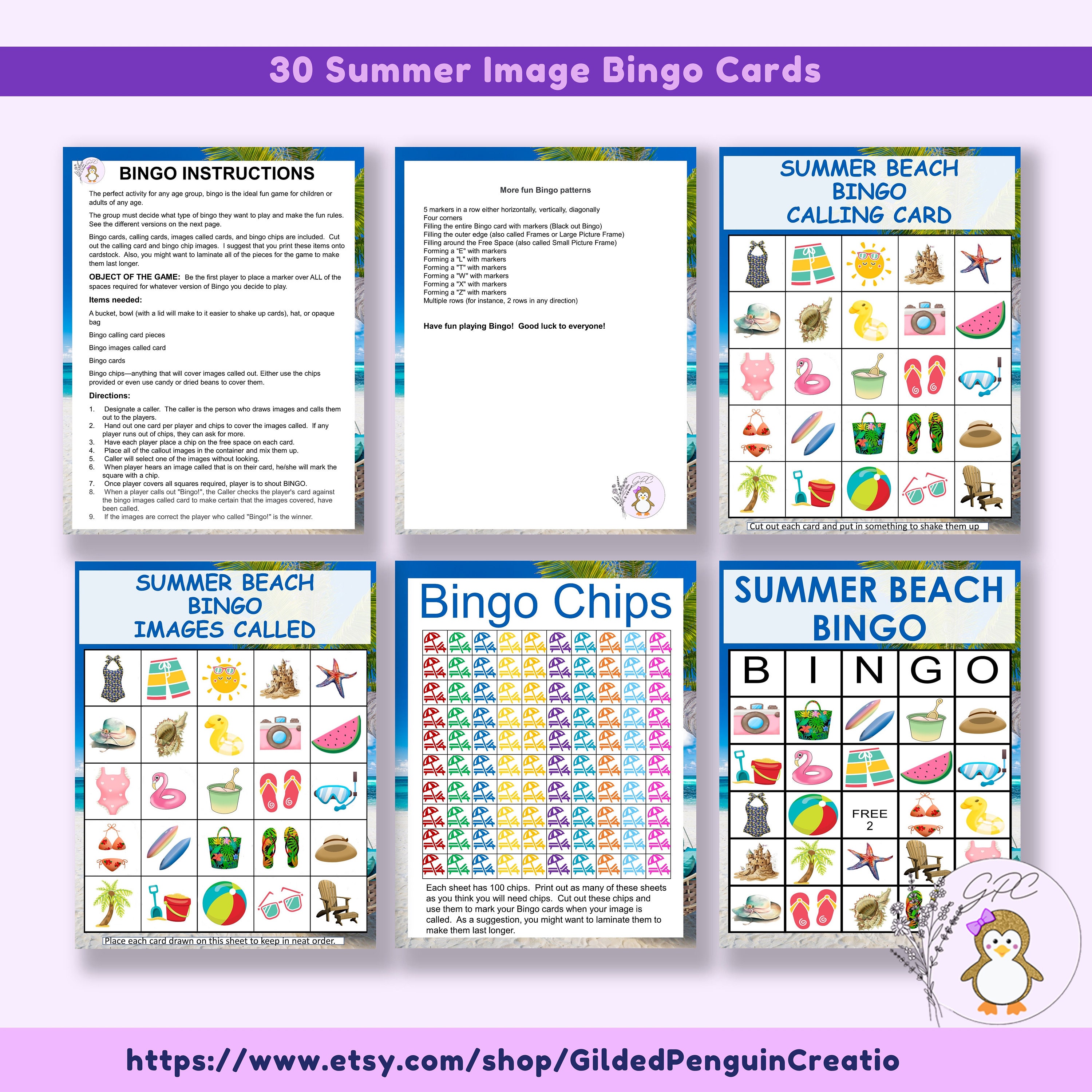 Summer Beach Bingo Printable 30 Unique 5X5 Bingo Cards, Calling Card ...