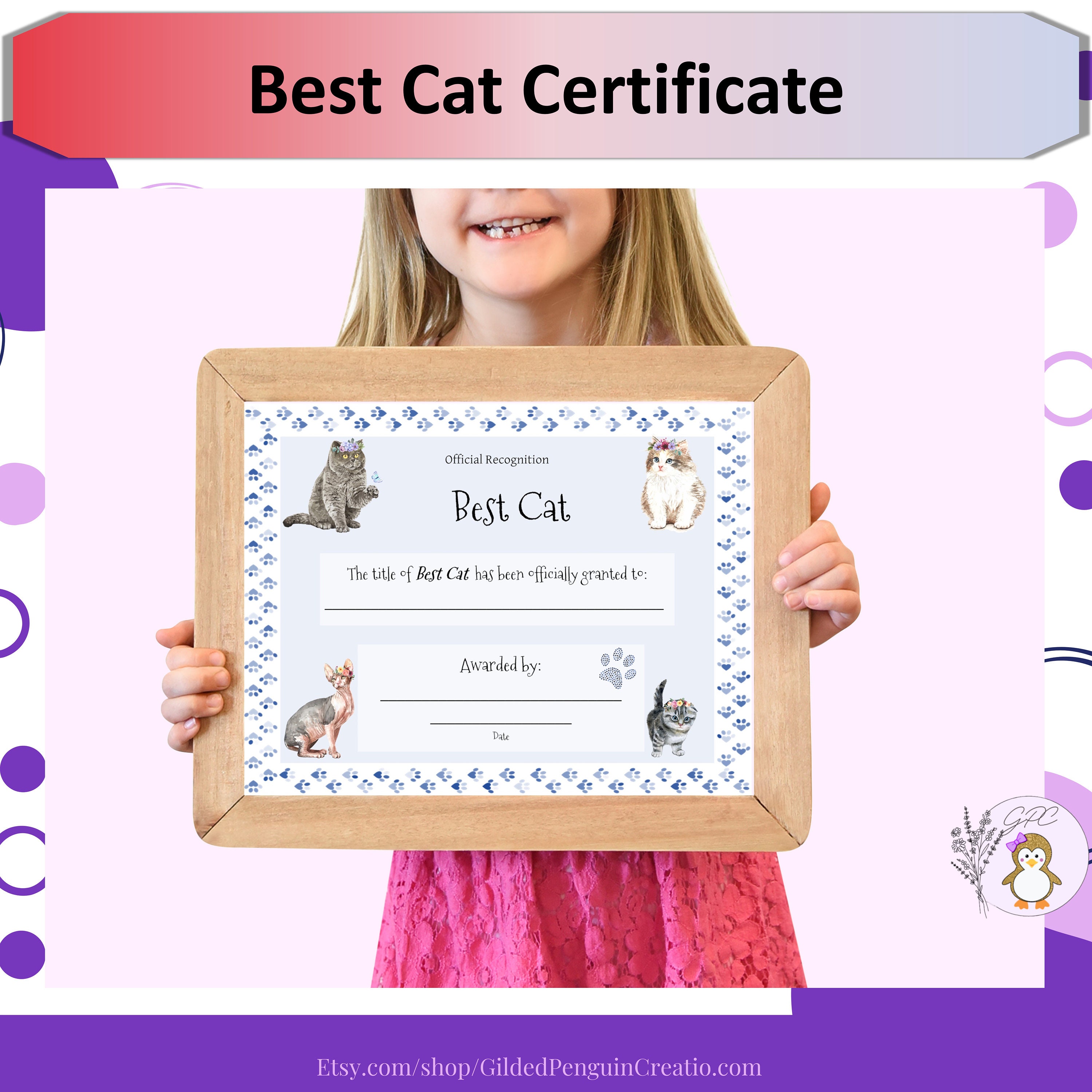 Best Cat Certificate 1 Printable, Cat Award, Great Gift for Cat Lover ...