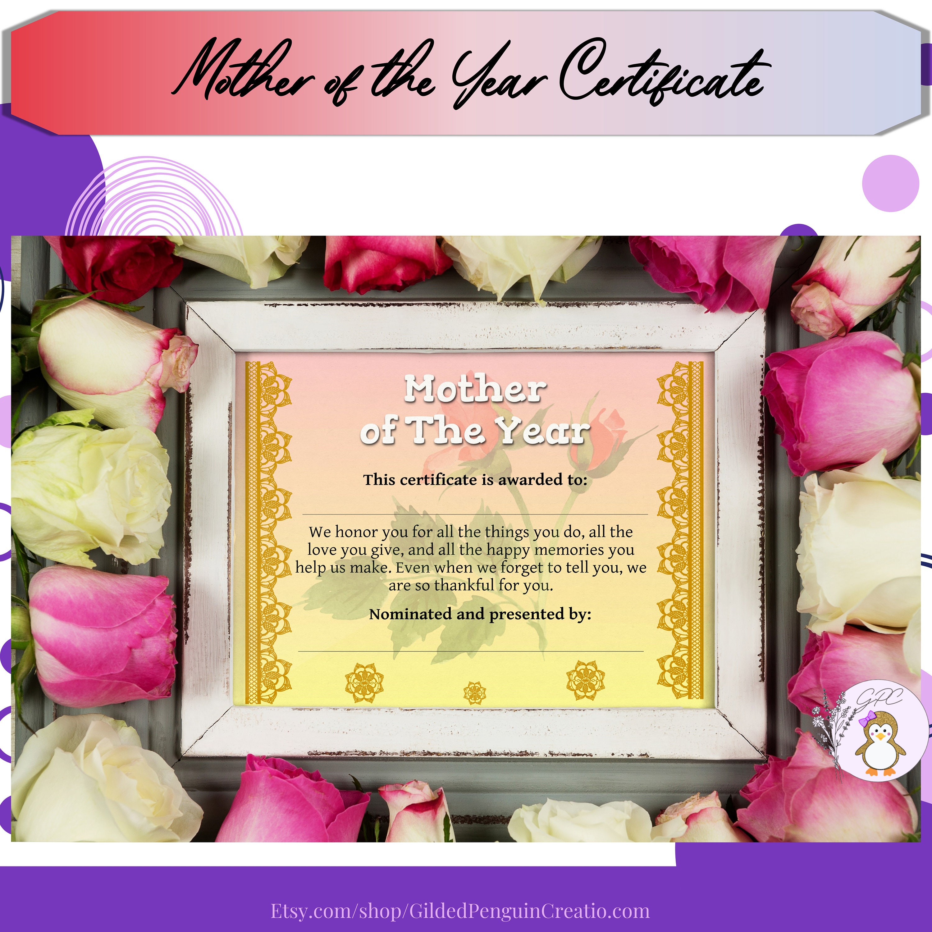 Mother of the Year Certificate Printable, Mother's Day Gift, Gift for ...