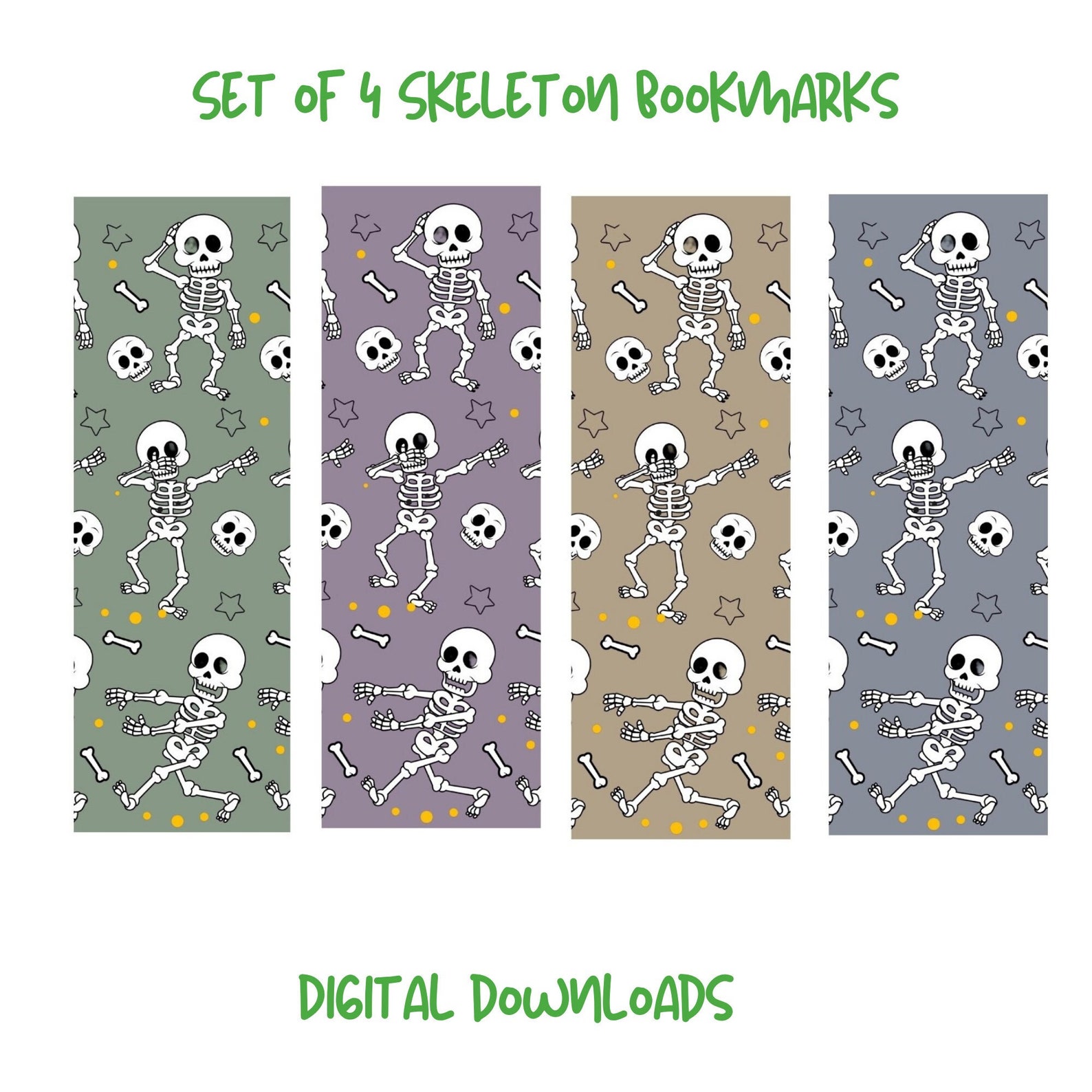 Set of 4 Skeleton Bookmarks, Halloween Bookmarks, Printable, Digital ...