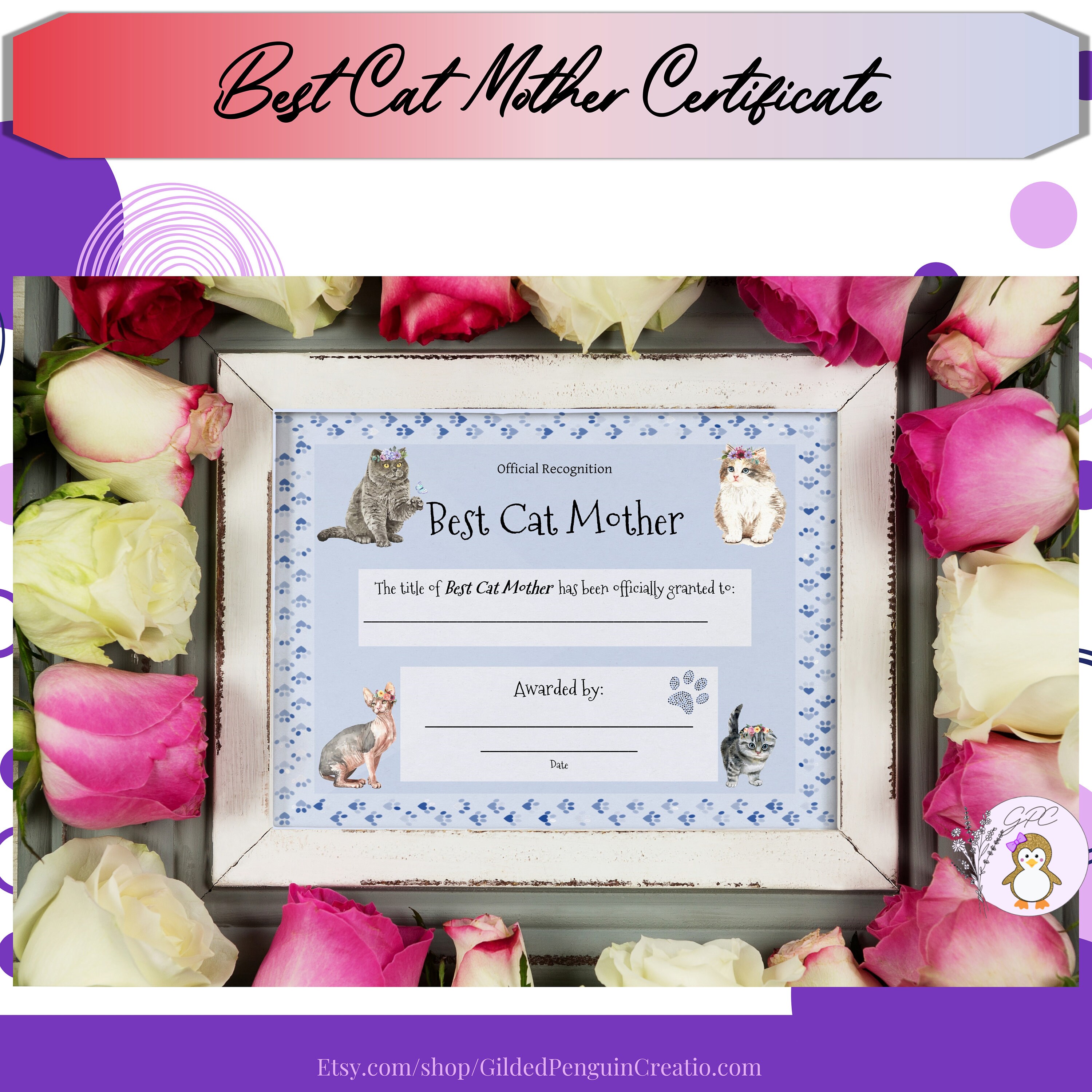 Best Cat Mother Certificate Printable, Mother's Day Gift, Gift for Mom ...