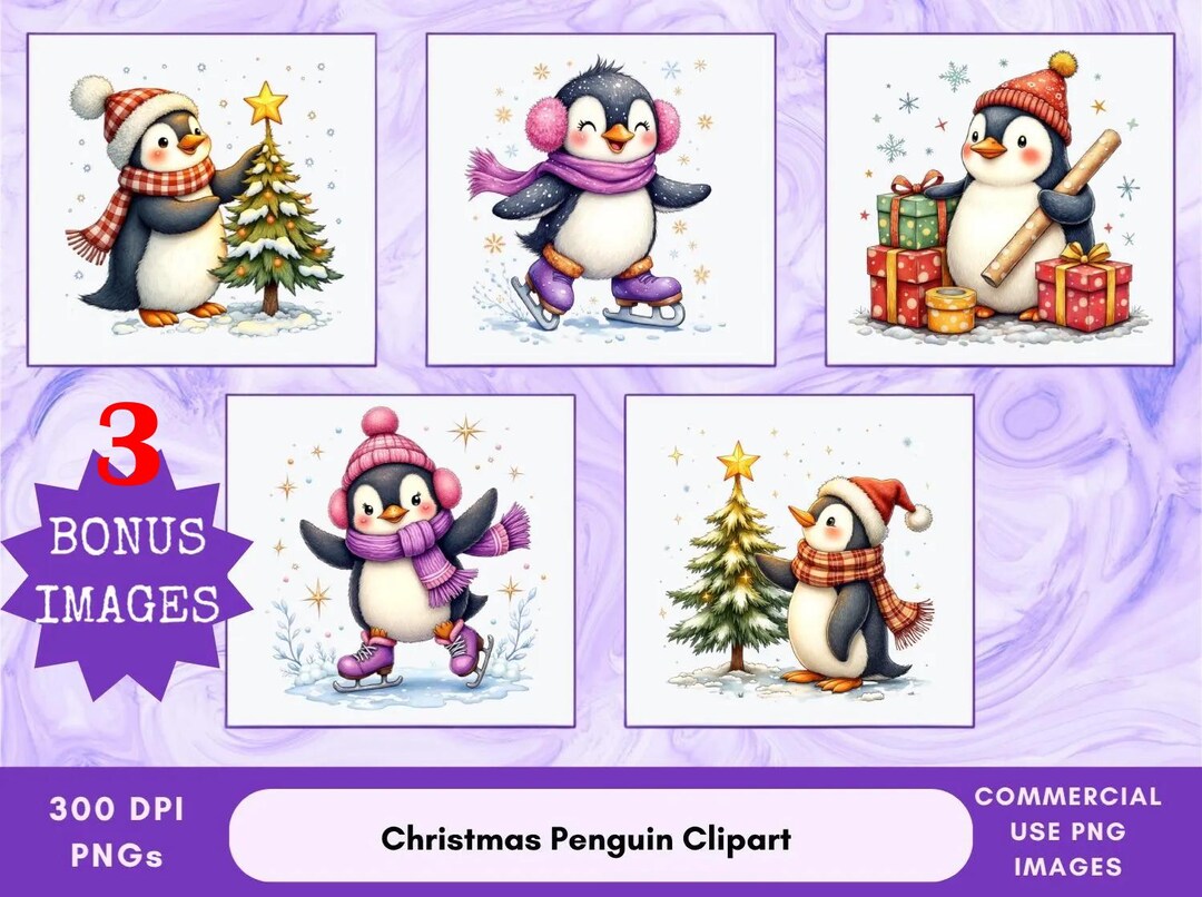 Christmas Penguin Clipart +BONUS IMAGES, Winter Holiday PNG Set ...