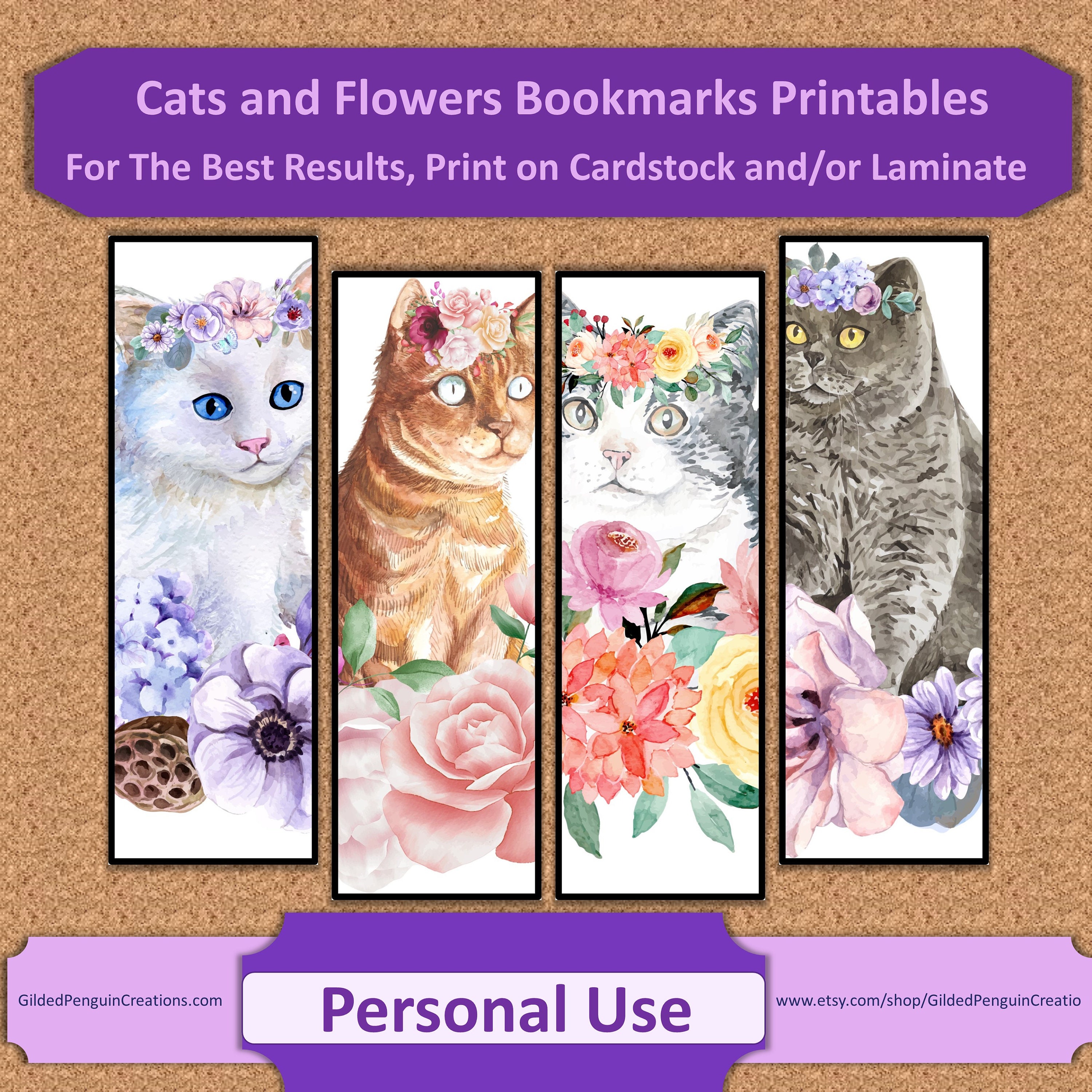 Cats and Flowers Bookmark Printables, Set of 8, 6x2 Petite Paperback ...