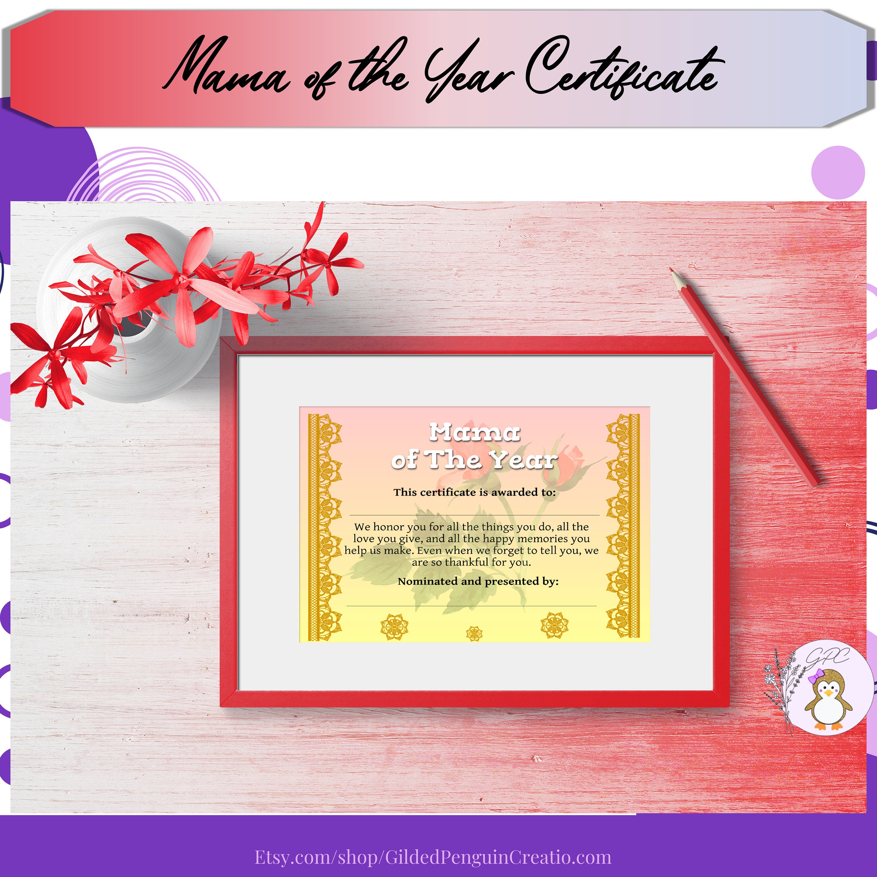 Mama of the Year Certificate Printable, Mother's Day Gift, Gift for ...