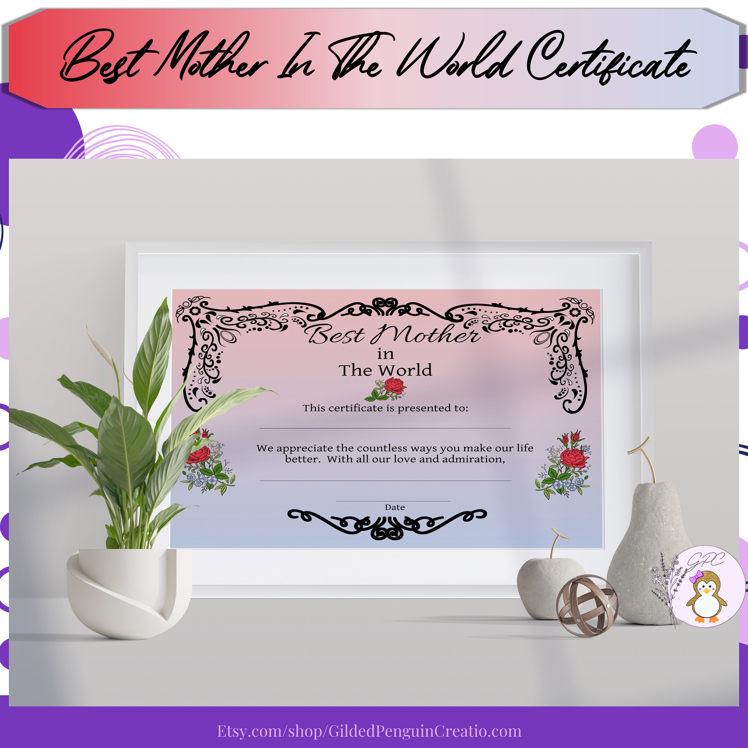 Best Mother in the World Certificate Printable, Mother's Day Gift, Gift ...