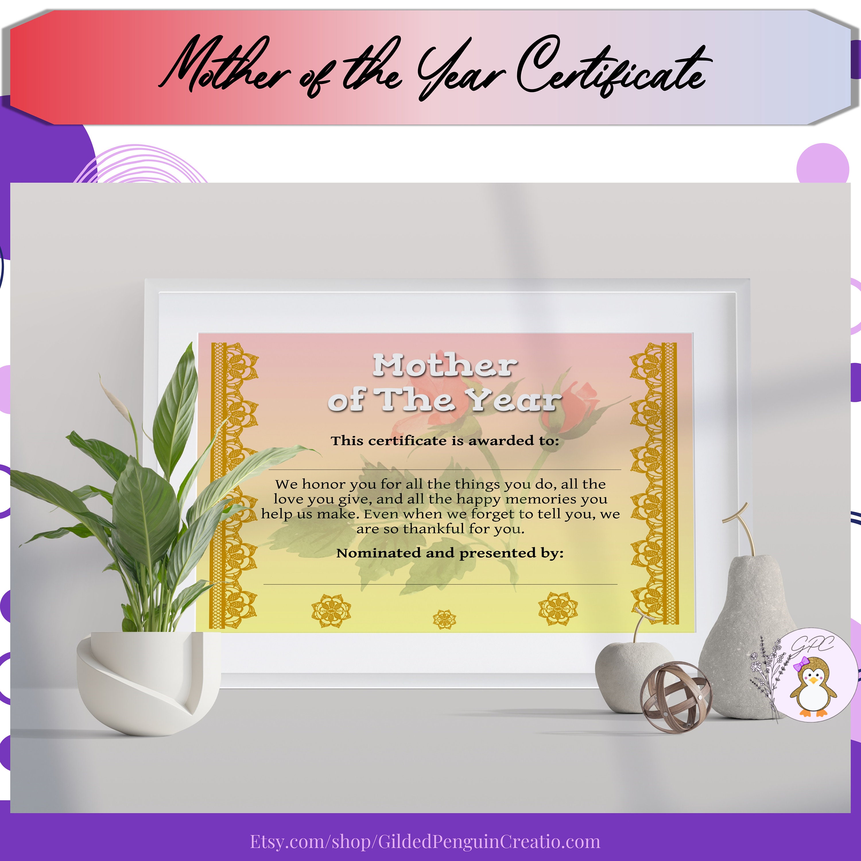 Mother of the Year Certificate Printable, Mother's Day Gift, Gift for ...