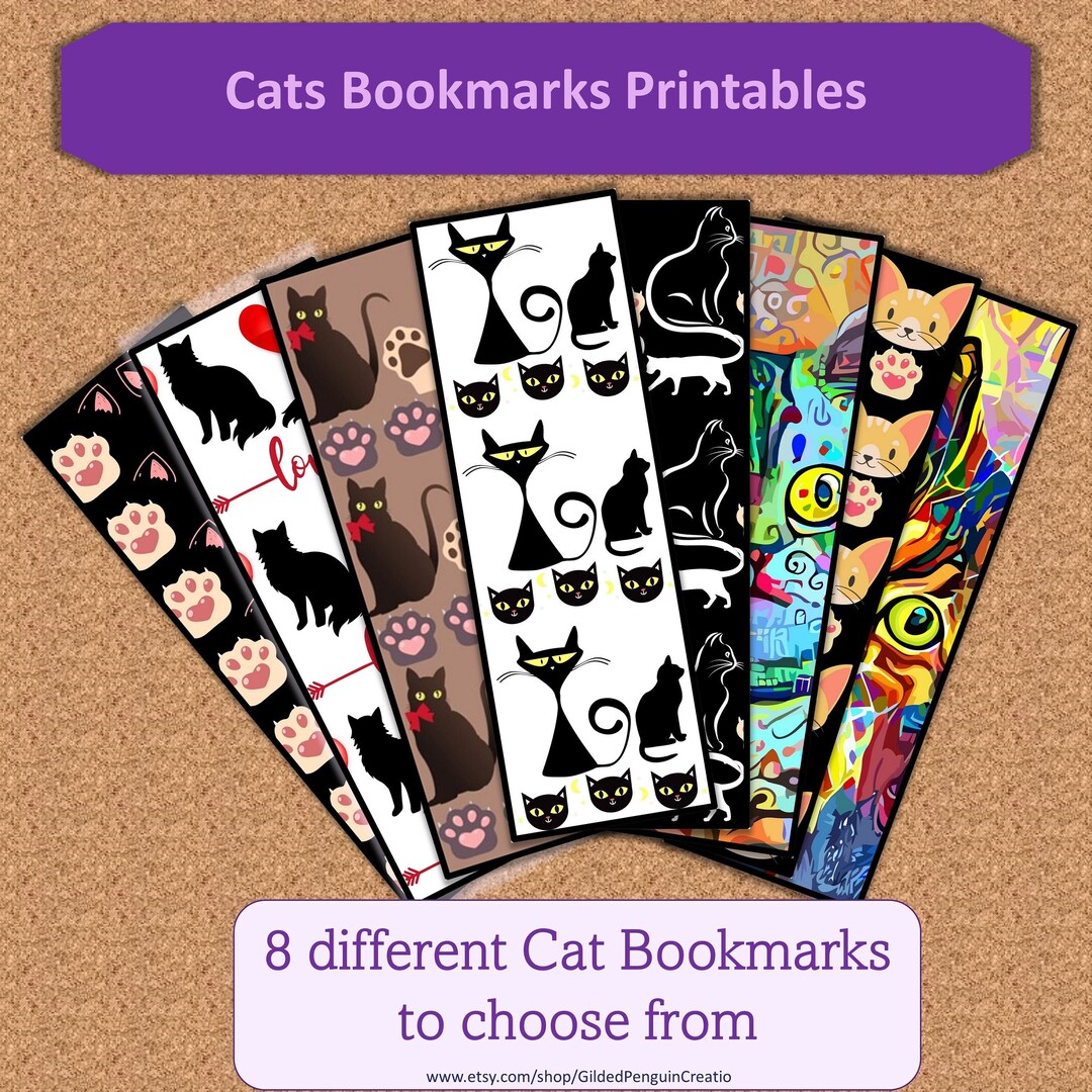 Cat Bookmark Printables, Set of 8 6"x2" Paperback Sized Bookmarks ...