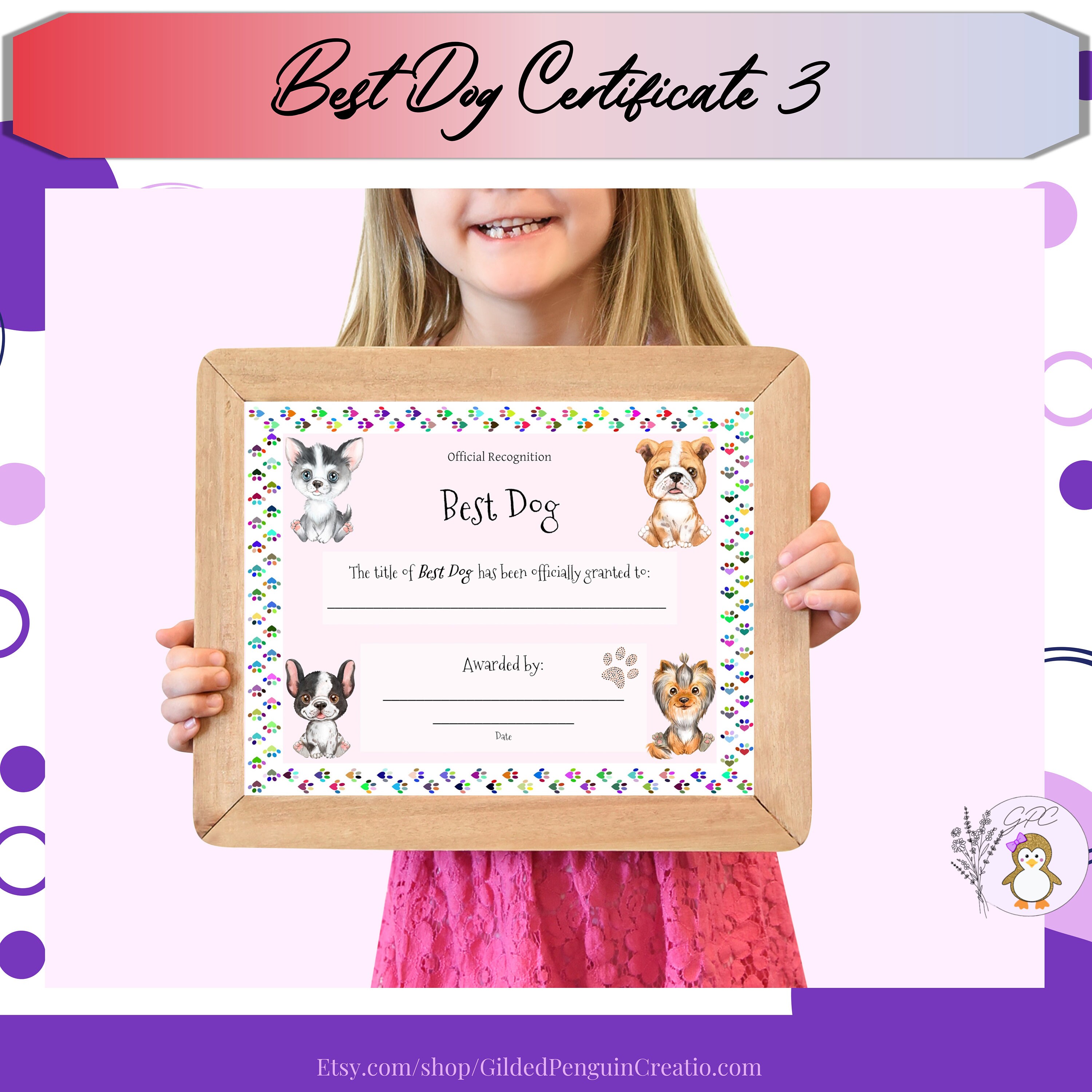 Best Dog Certificate 3 Printable, Dog Award, Great Gift for Dog Lover ...