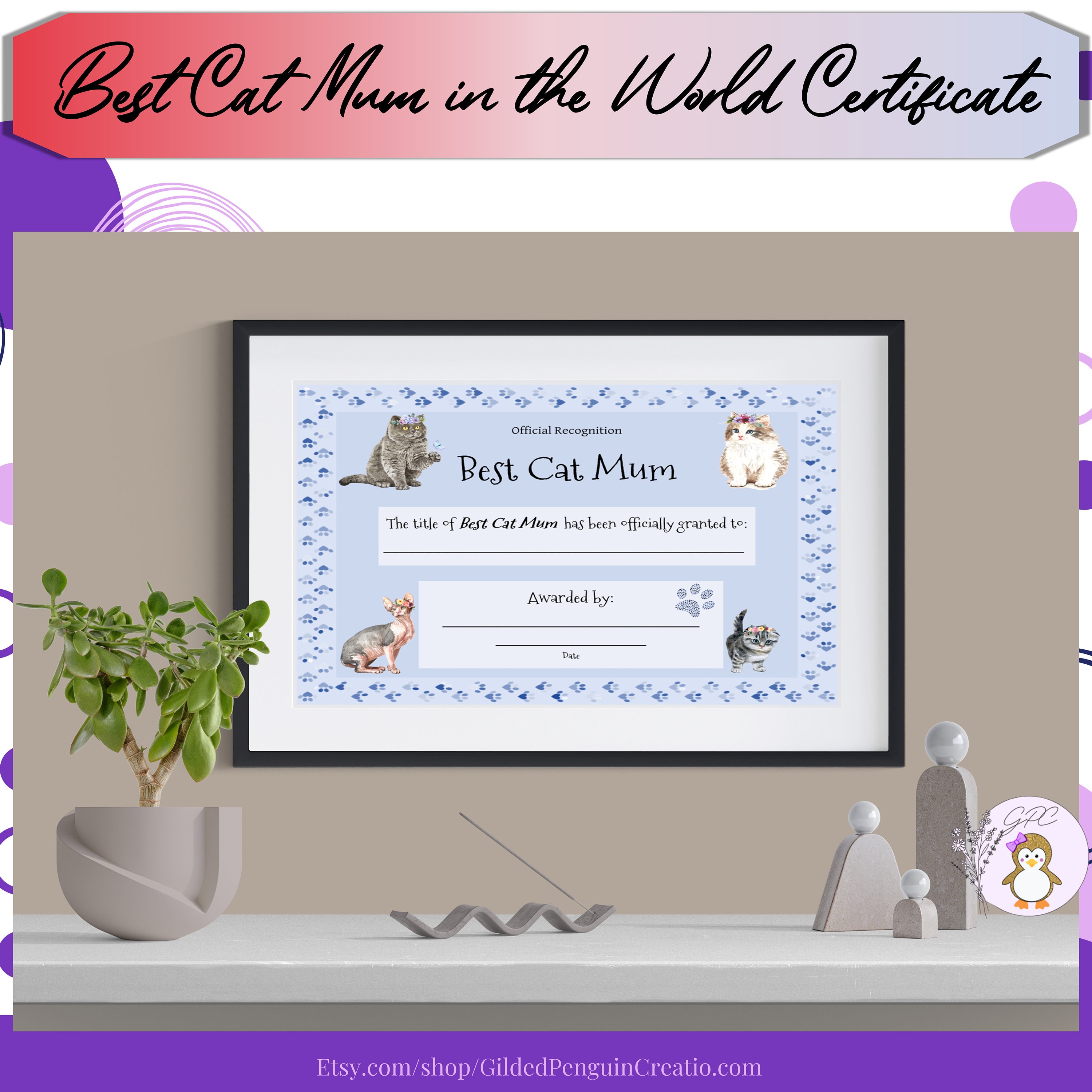 Best Cat Mum Certificate Printable, Mother's Day Gift, Gift for Mom ...