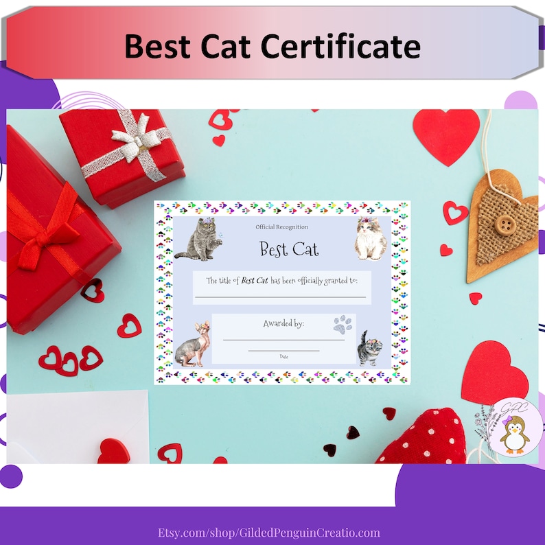 Best Cat Certificate 3 Printable, Cat Award, Great Gift for Cat Lover ...