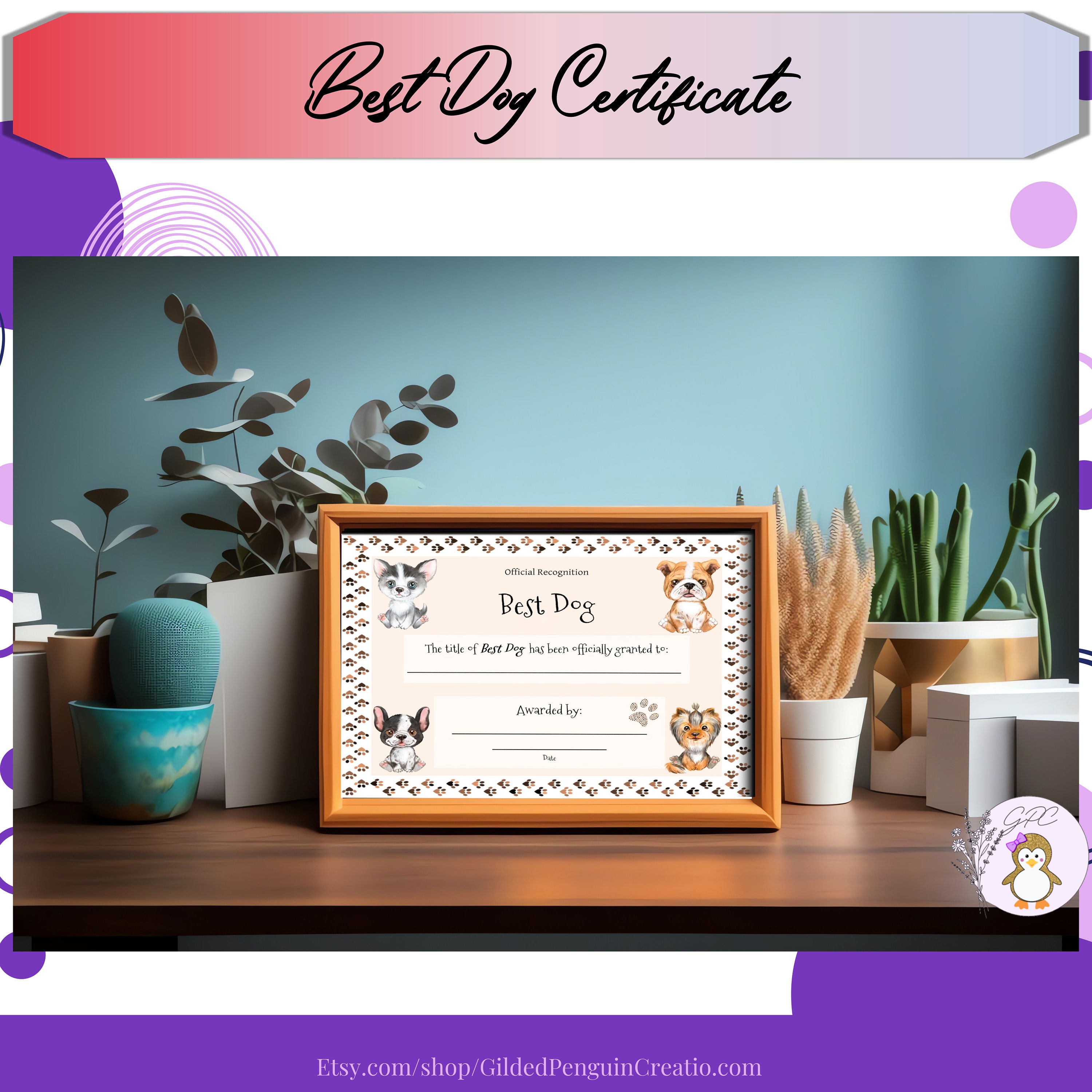 Best Dog Certificate 1 Printable, Dog Award, Great Gift for Dog Lover ...