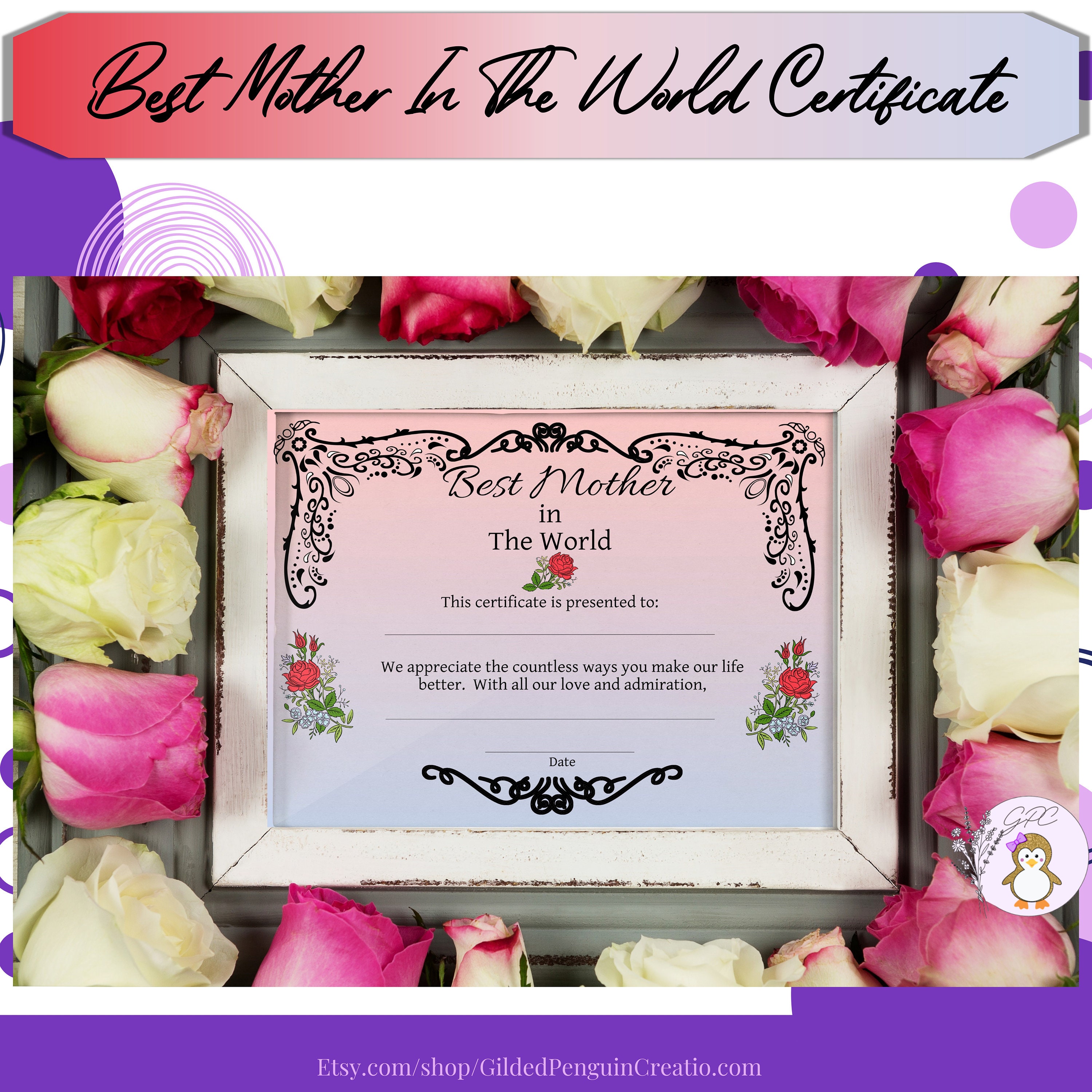 Best Mother in the World Certificate Printable, Mother's Day Gift, Gift ...