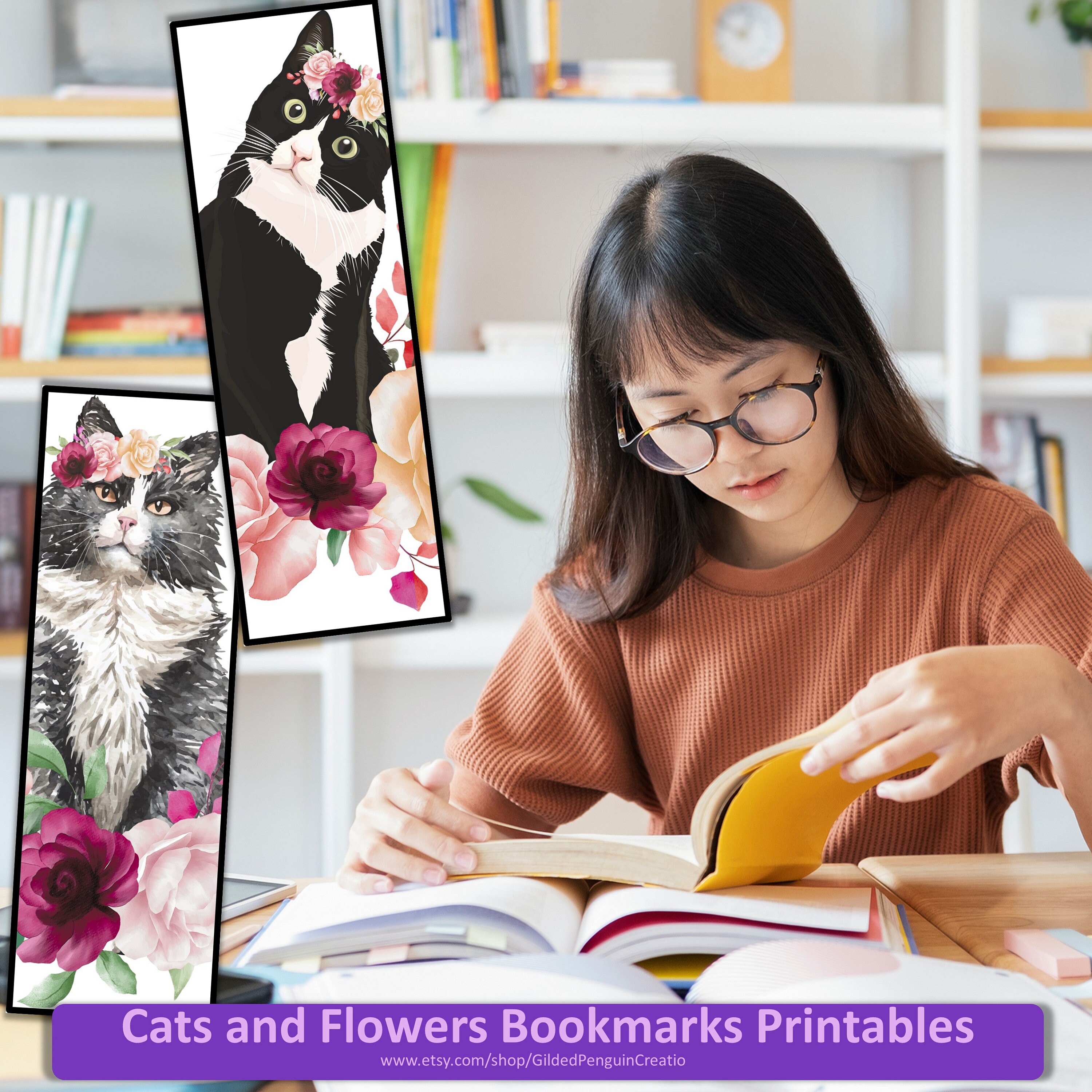 Cats and Flowers Bookmark Printables, Set of 8, 6x2 Petite Paperback ...