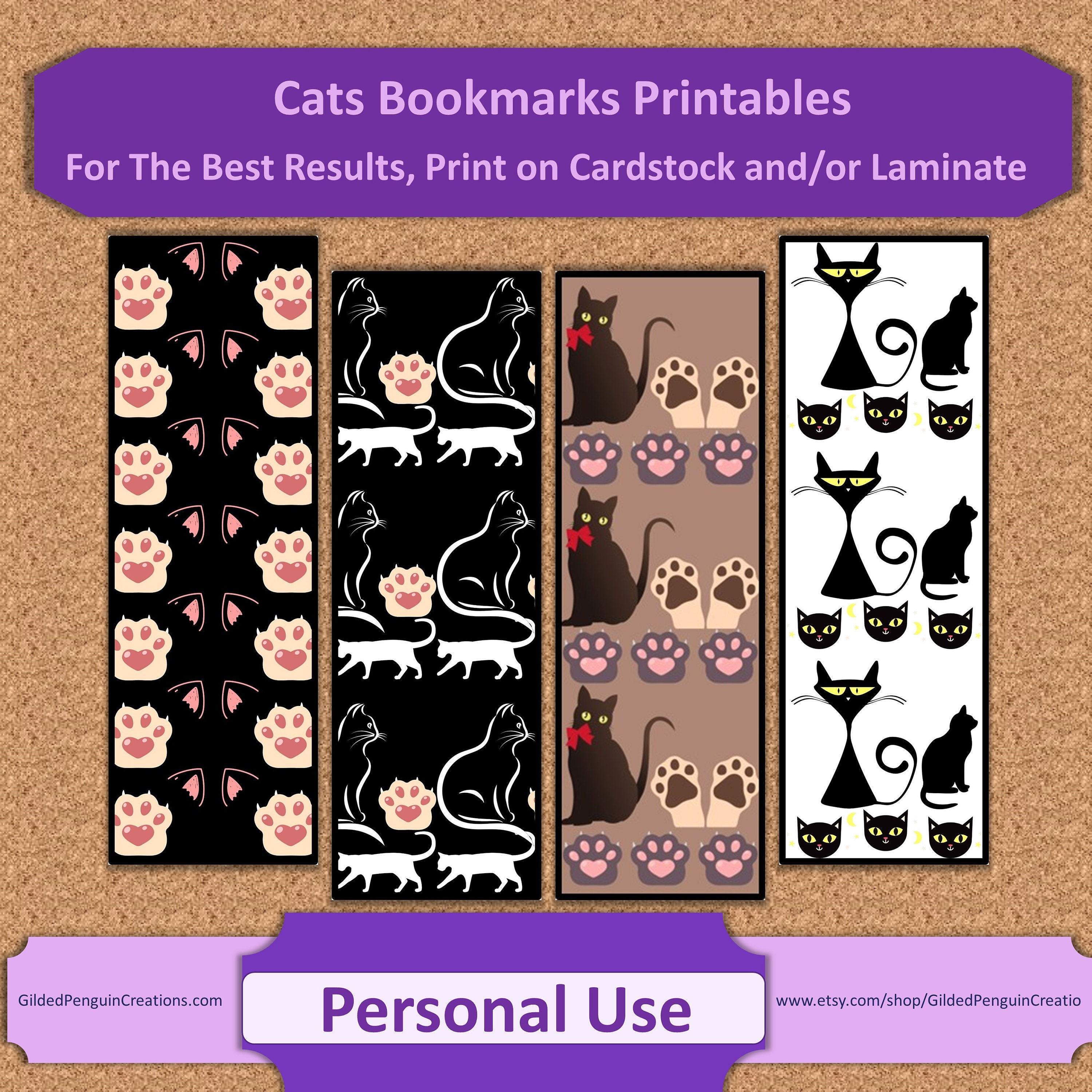 Cat Bookmark Printables, Set of 8 6"x2" Paperback Sized Bookmarks ...