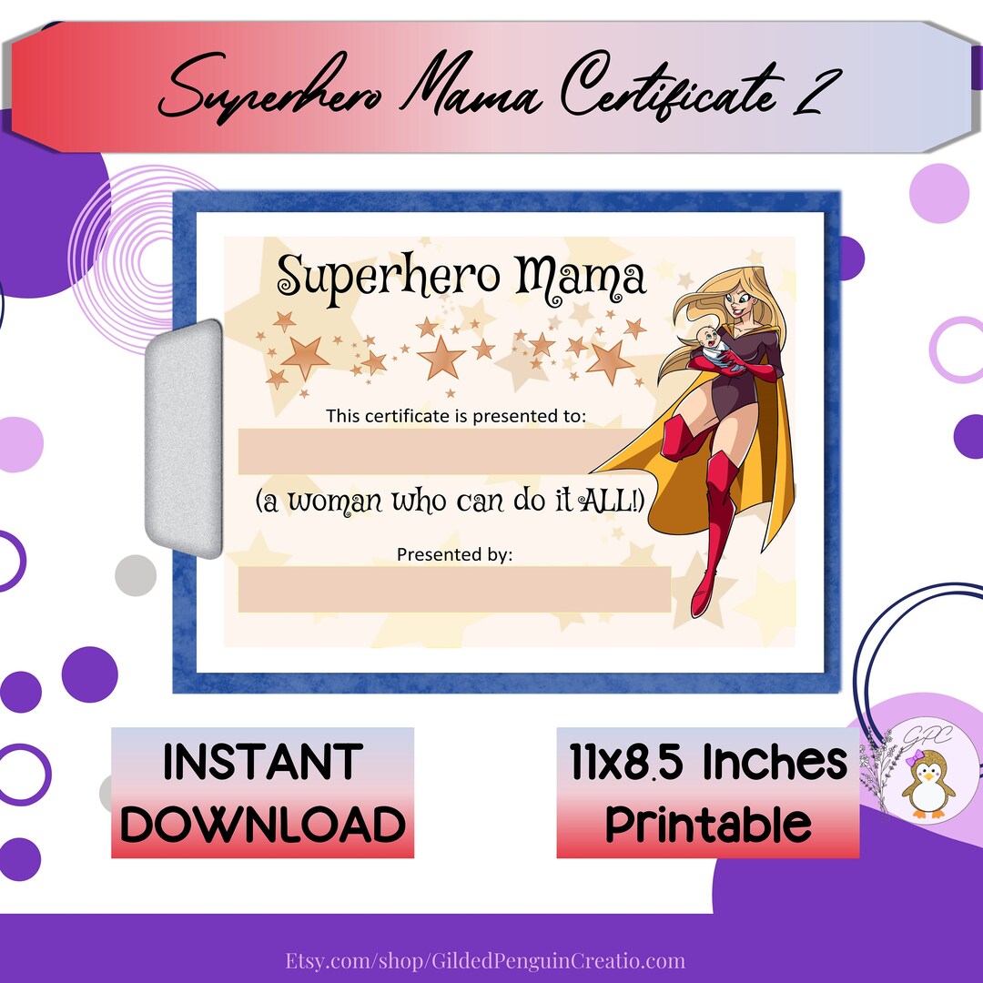 Superhero Mama Certificate 2 Printable, Mother's Day Gift, Gift for ...