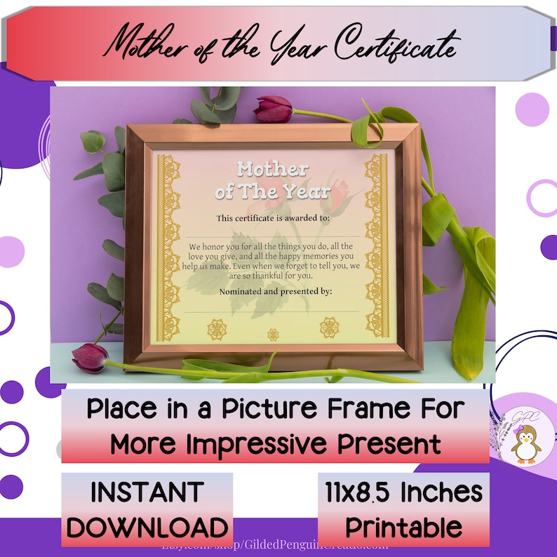 Mother of the Year Certificate Printable, Mother's Day Gift, Gift for ...